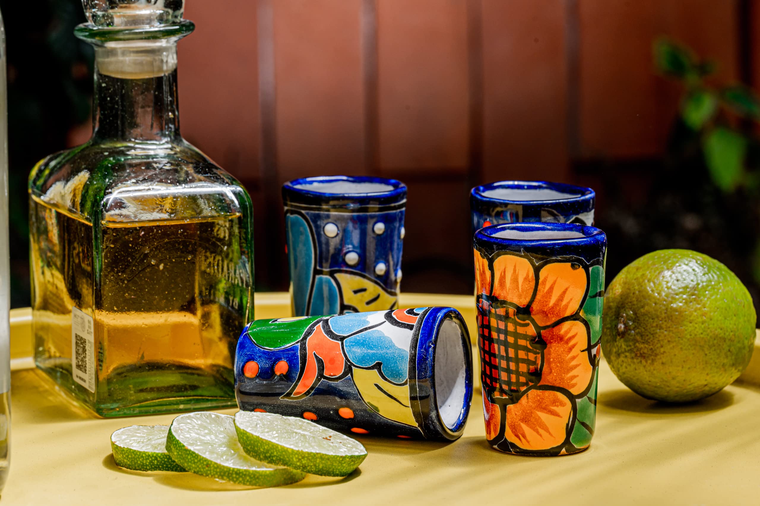 MEXTEQUIL - Talavera Shot Glasses Set of 4 Authentic Mexican Tequila Shot Glasses - Hand-painted - 2 Oz (Flowers)