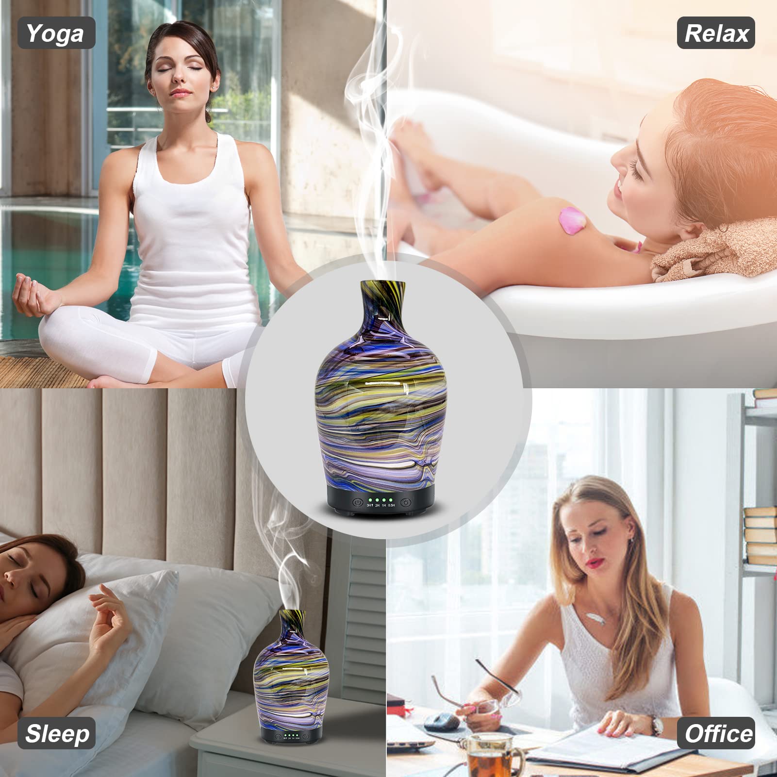 MAXWINER Essential Oil Diffuser Art Glass Aromatherapy Ultrasonic Humidifier with 7 Colors Lights Changing, Waterless Auto Shut Off Protection, 4 Time Setting for Home Office Room 120ml (Color Stripe)