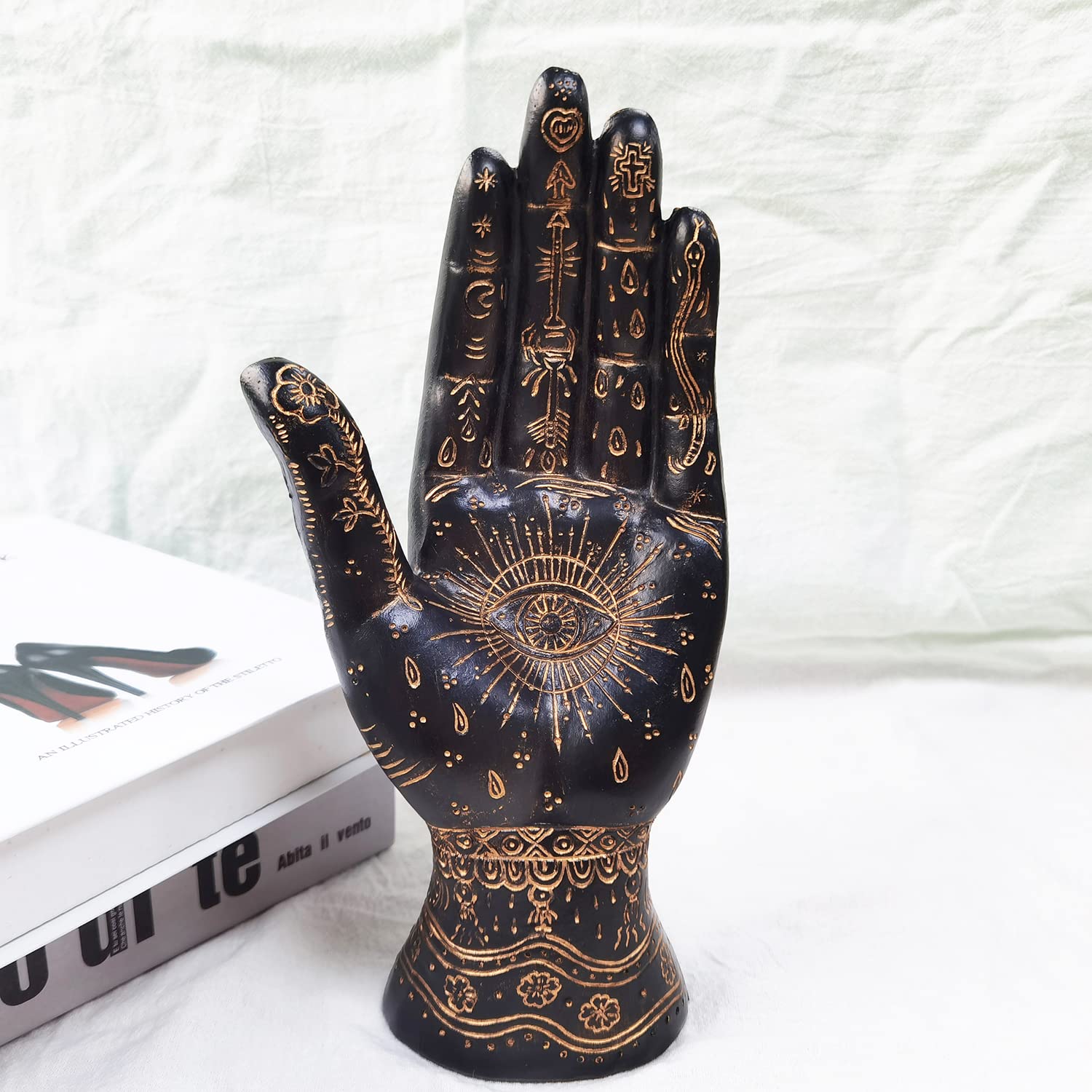 Palmistry Hand Resin Statue Telling Palm Reading, Ancient Mystical Palm with Lines and Symbols Sculpture for Palm Readers(Black)