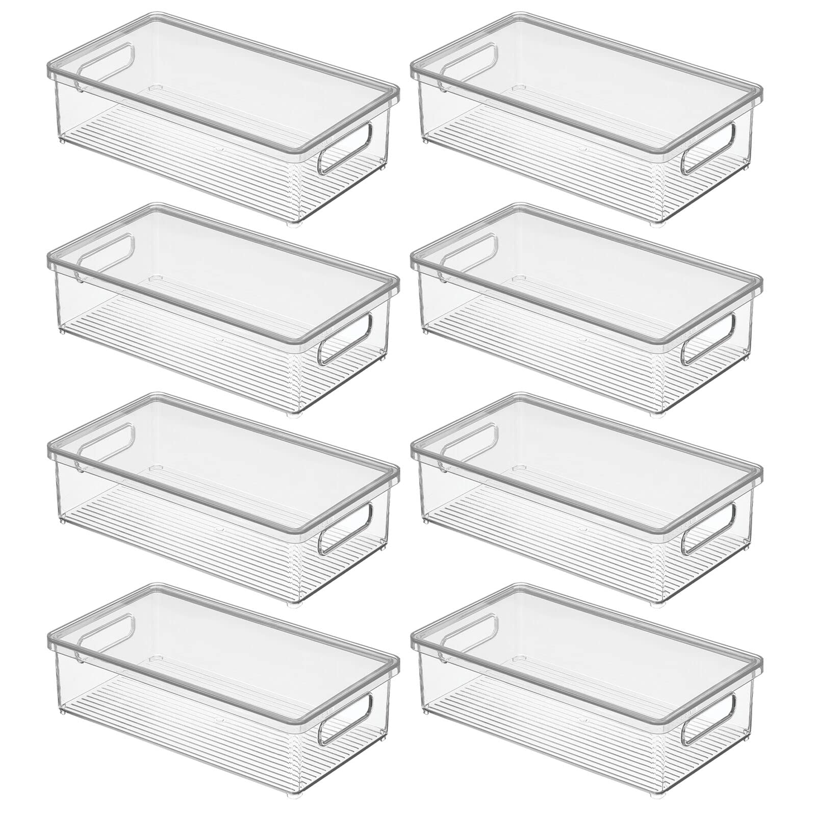 mDesign Plastic Stackable Kitchen Cabinet Storage Bin Box with Handles/Lid - Fridge, Cupboard, Countertop Food Storage for Snacks Stacking Organization, Ligne Collection, 8 Pack, Clear