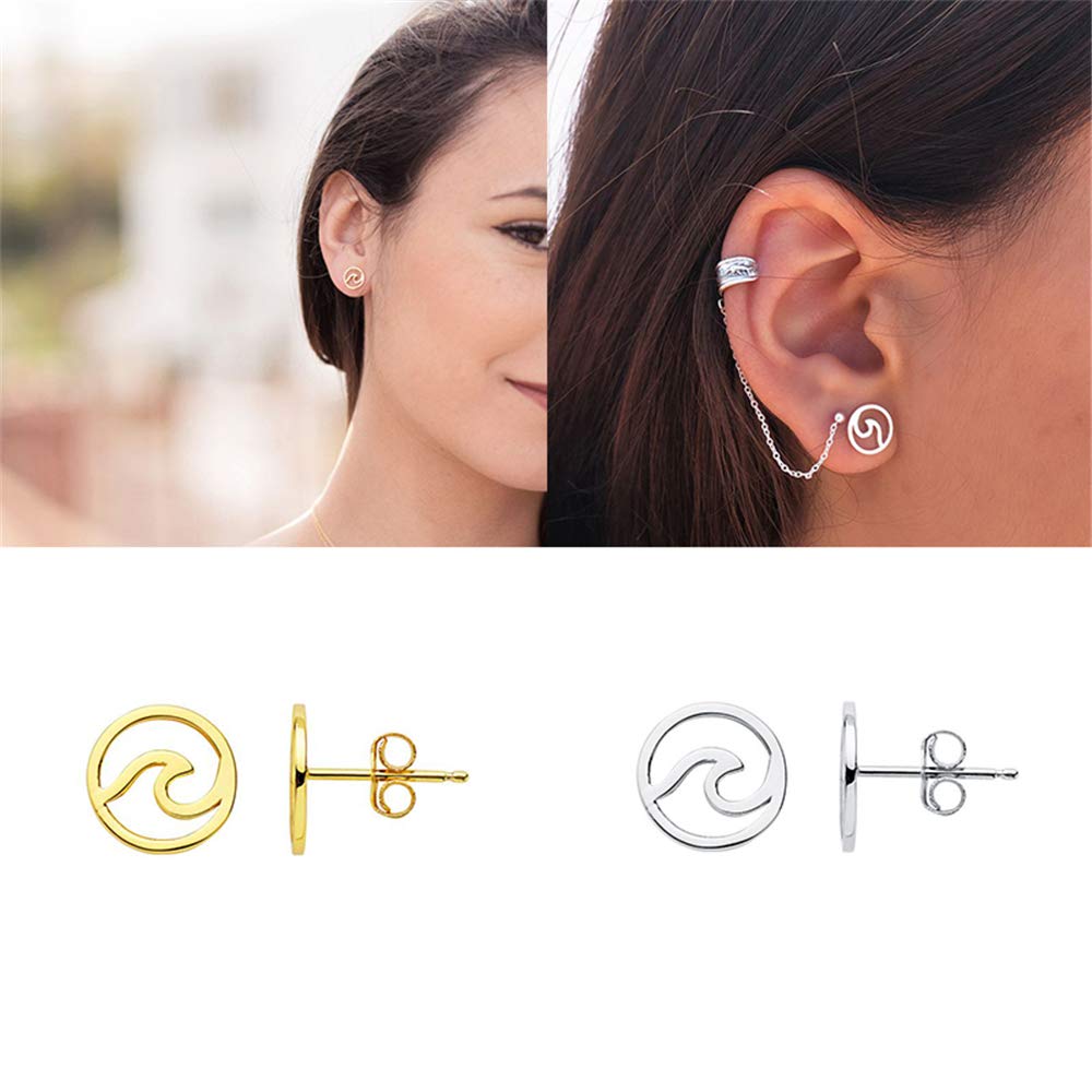 Minimalist Round Ocean Wave Tiny Stud Earrings for Women Men Sterling Silver Simple Small Studs Tragus Post Hypoallergenic Holiday Sea Beach Jewelry Gifts for Surfer Lover (Silver)