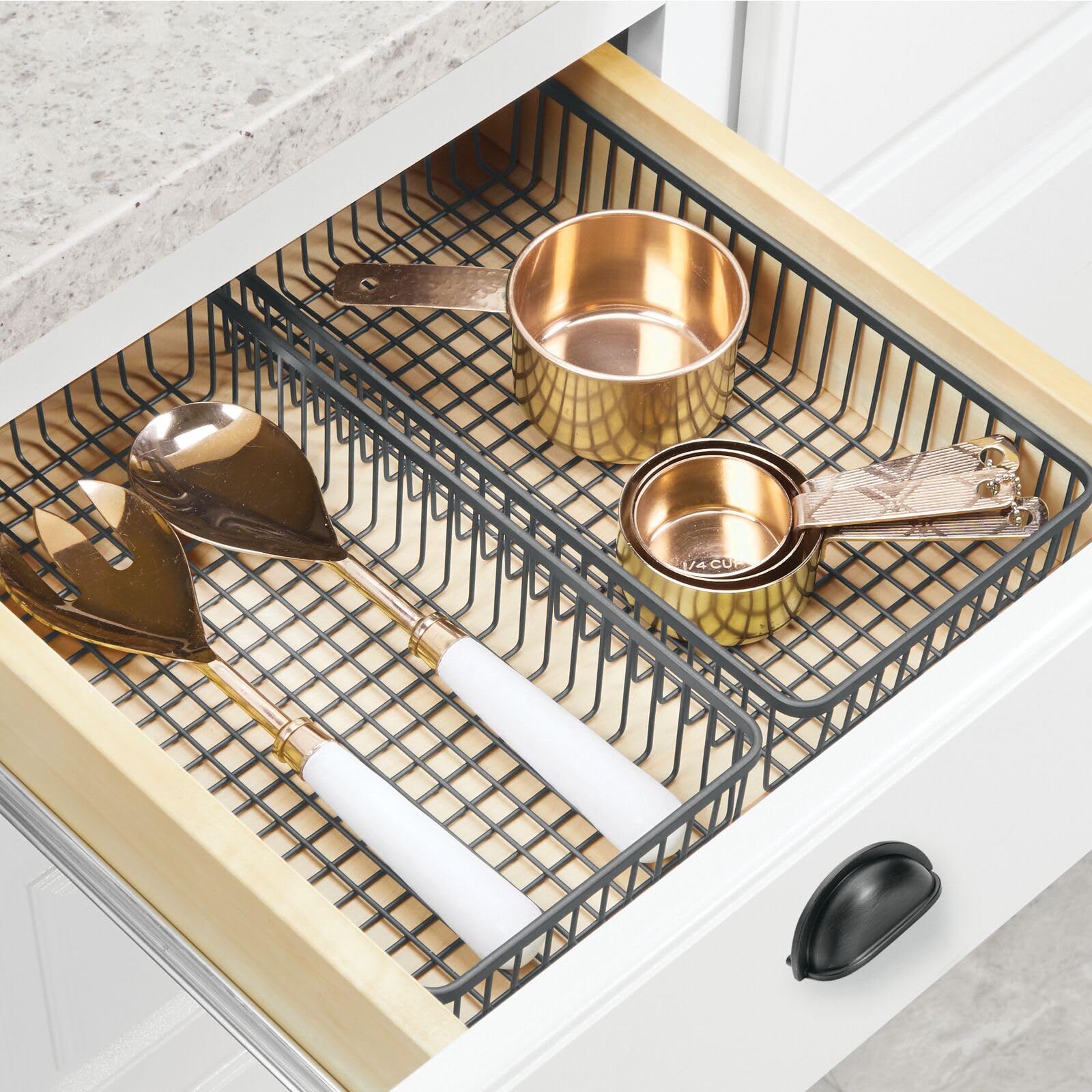 mDesign Metal Farmhouse Kitchen Cabinet Drawer Organizer Tray - Storage Basket for Cutlery, Serving Spoons, Cooking Utensils, Gadgets - 12.1" Long, 2 Pack - Graphite Gray
