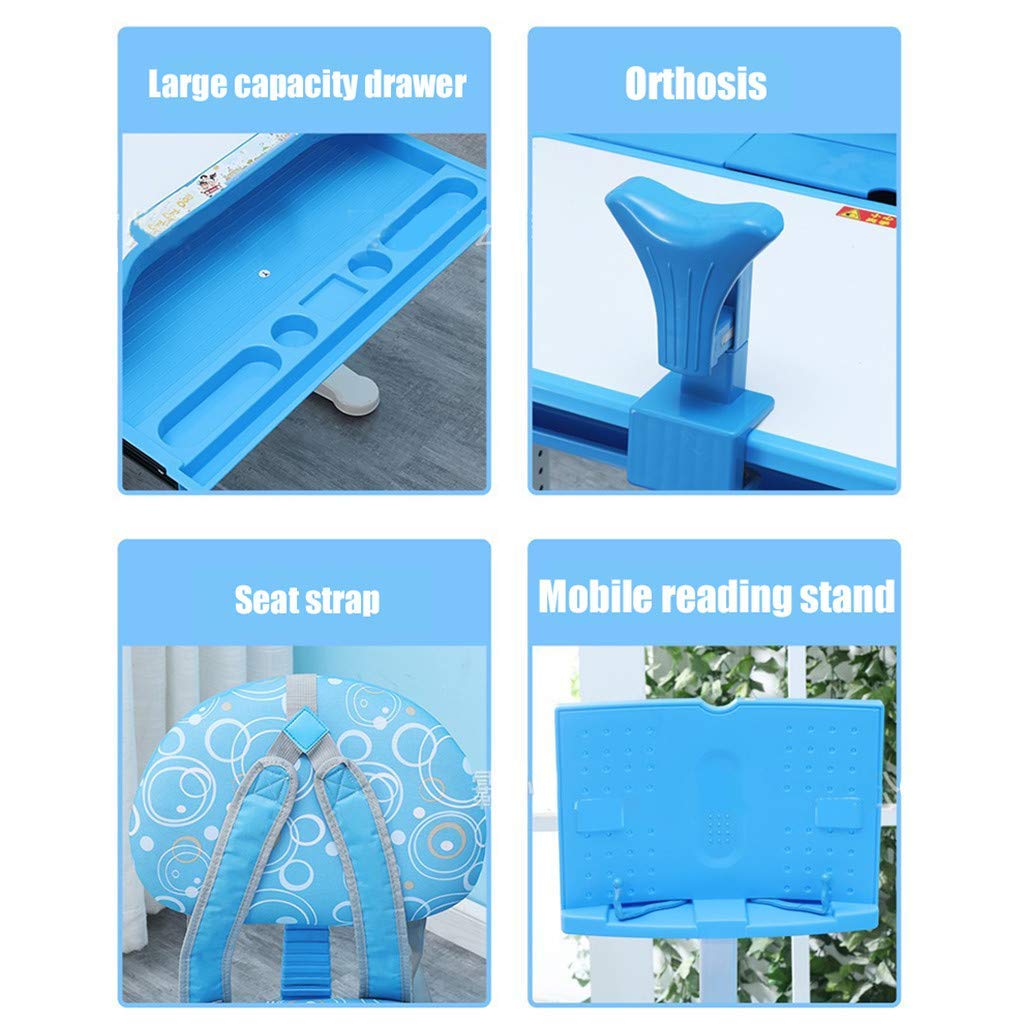 Kids Desk, Children Height Adjustable Study Desk and Chair Set, Children Home Study Table Students Writing Desk with Lamp, Drawer, Bookstand, Pencil Case, Bookstand, Blue