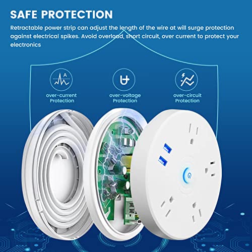 Retractable Power Strip, 6ft Extension Cord Retractable Power Strip Surge Protector with 4 Outlets 2 Smart USB Ports and Hook, Portable & Neat for Travel/Home/Office (White)