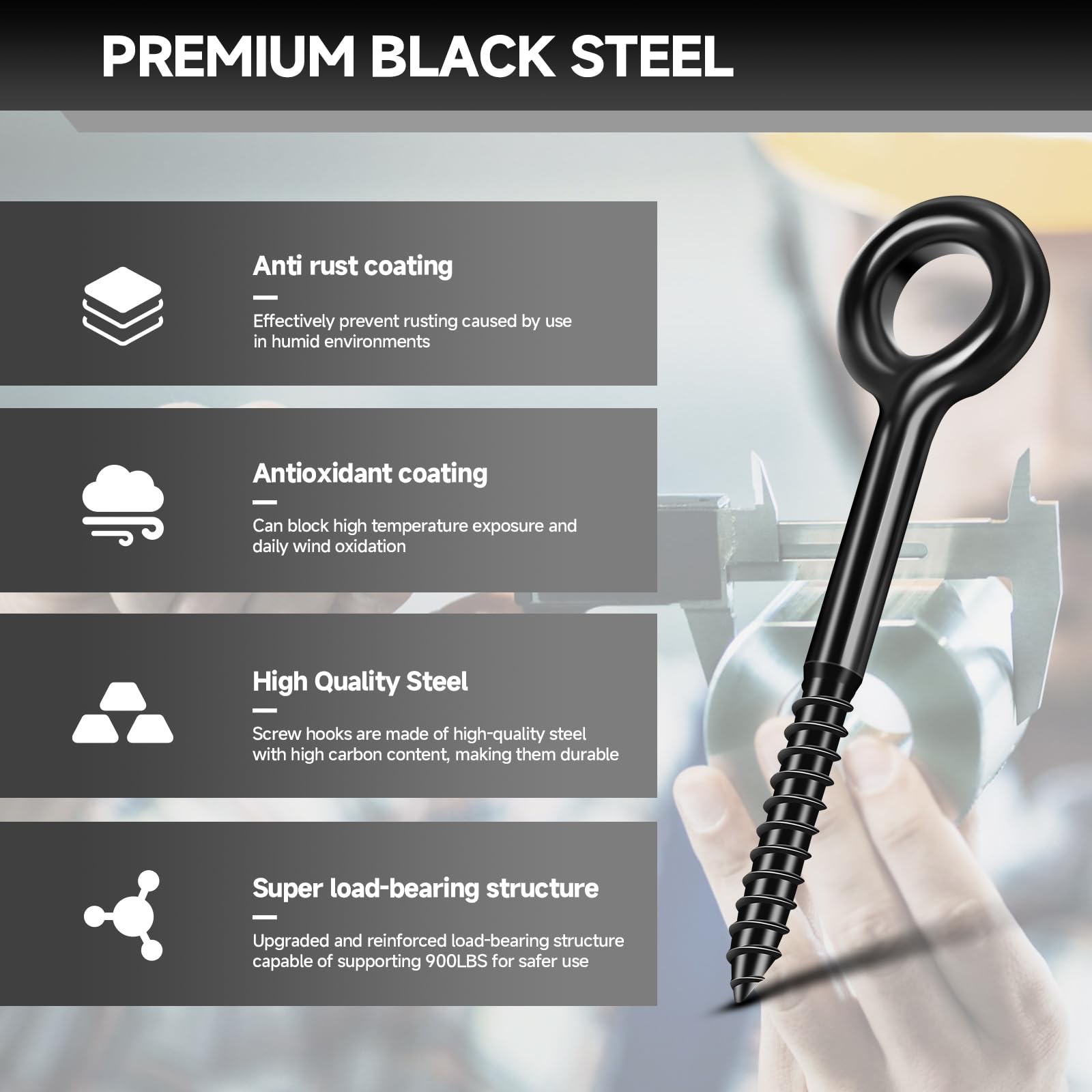 XIEKRAB 7 inch Eye Bolts - 4 Pcs Eyes Hooks Screw Heavy Duty 900 lbs Breaking Strength Black Rust-Resistant, Self Tapping Eyelet Screw for Wood Securing, Hammock Stand, Indoor & Outdoor Use