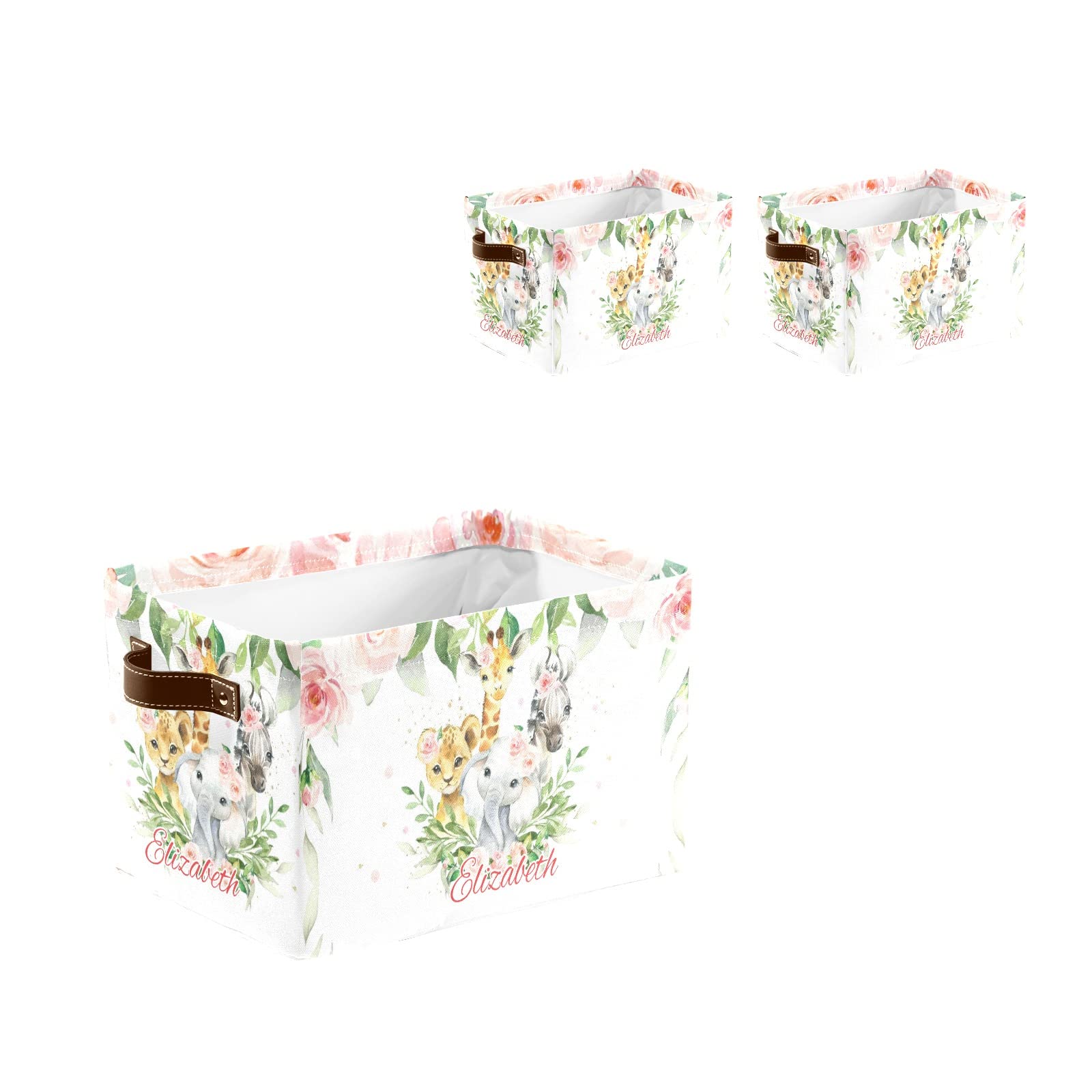 Safari Jungle Animal Floral Personalized Storage Bins Basket Cubic Organizer with Durable Handle for Shelves Wardrobe Nursery Toy 2 Pack