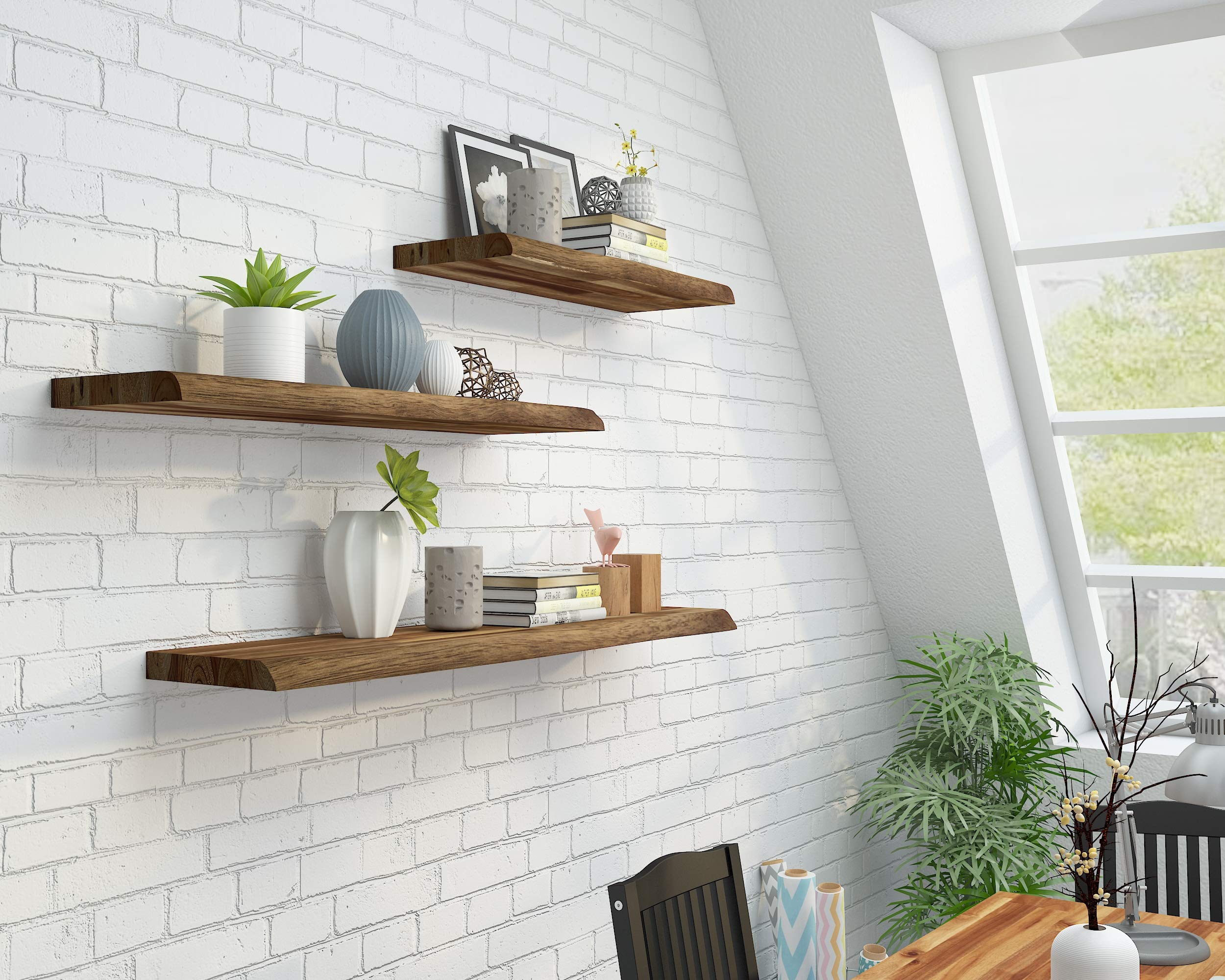 INTERBUILD REAL WOOD Wall Mounted Floating Shelf, Solid Acacia Wood with Exposed Natural Edge 47" x 10", Holds up to 22lbs. - Golden Teak