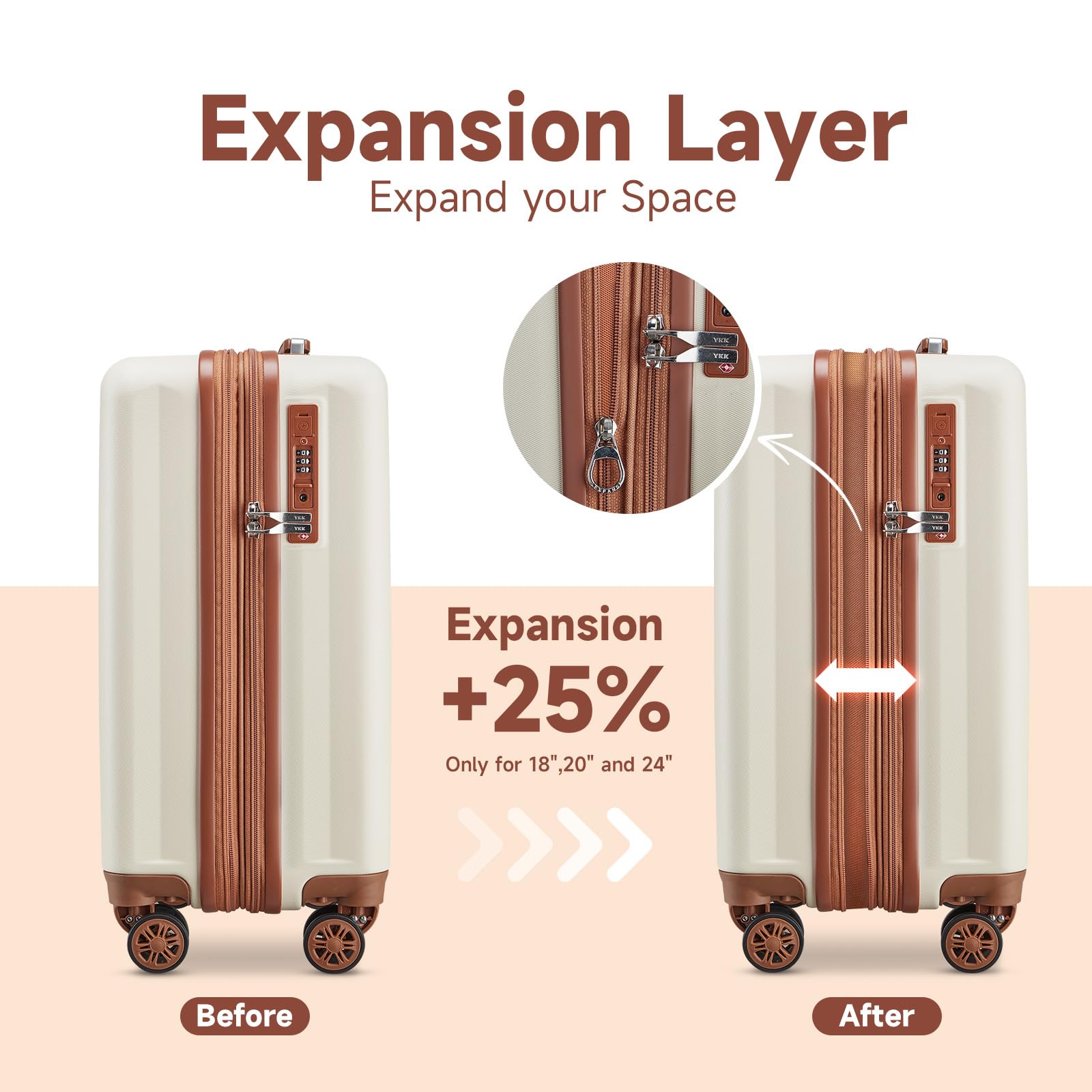 imiomo Carry on Luggage 18 Inch Suitcases with Wheels, Expandable Carry on Suitcase with USB Port and Cup Holder, Hardside Travel Luggage Set with TSA Lock, White Brown