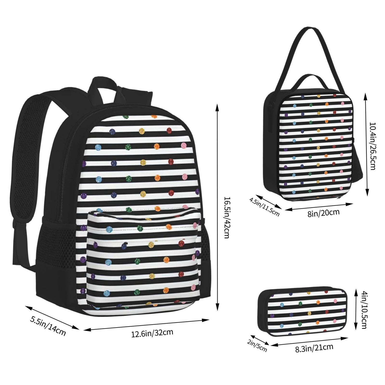 KoNsev 3pcs Backpack Sets,Rainbow Polka Dot Stripe Black And White Printed Backpacks Set With Lunch Bag Pencil Pouch