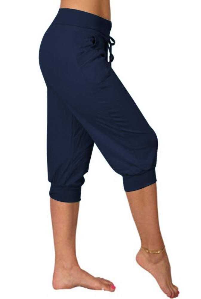 Langwyqu Womens Capri Yoga Pants Loose Comfy Lounge Pajamas Workout Athletic Capris with Pockets Navy Blue