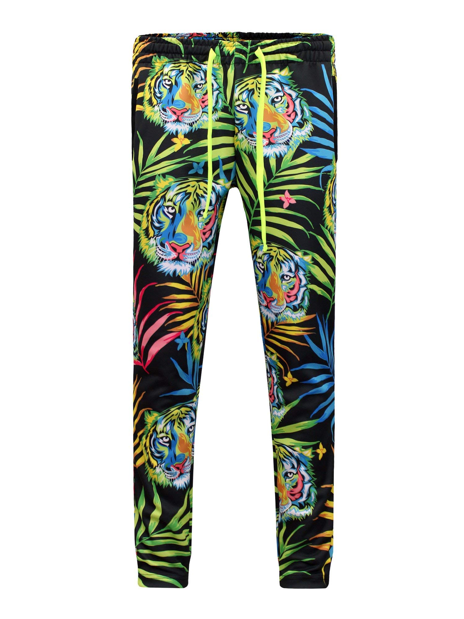 Men's Neon Jungle Tiger Track Suits 2 Piece Sweatsuit Set ST802 - Black - Large - V-C31