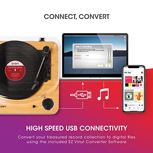 ION Audio Max LP β Vinyl Record Player / Turntable with Built In Speakers, USB Output for Conversion and Three Playback Speeds β Natural Wood Finish