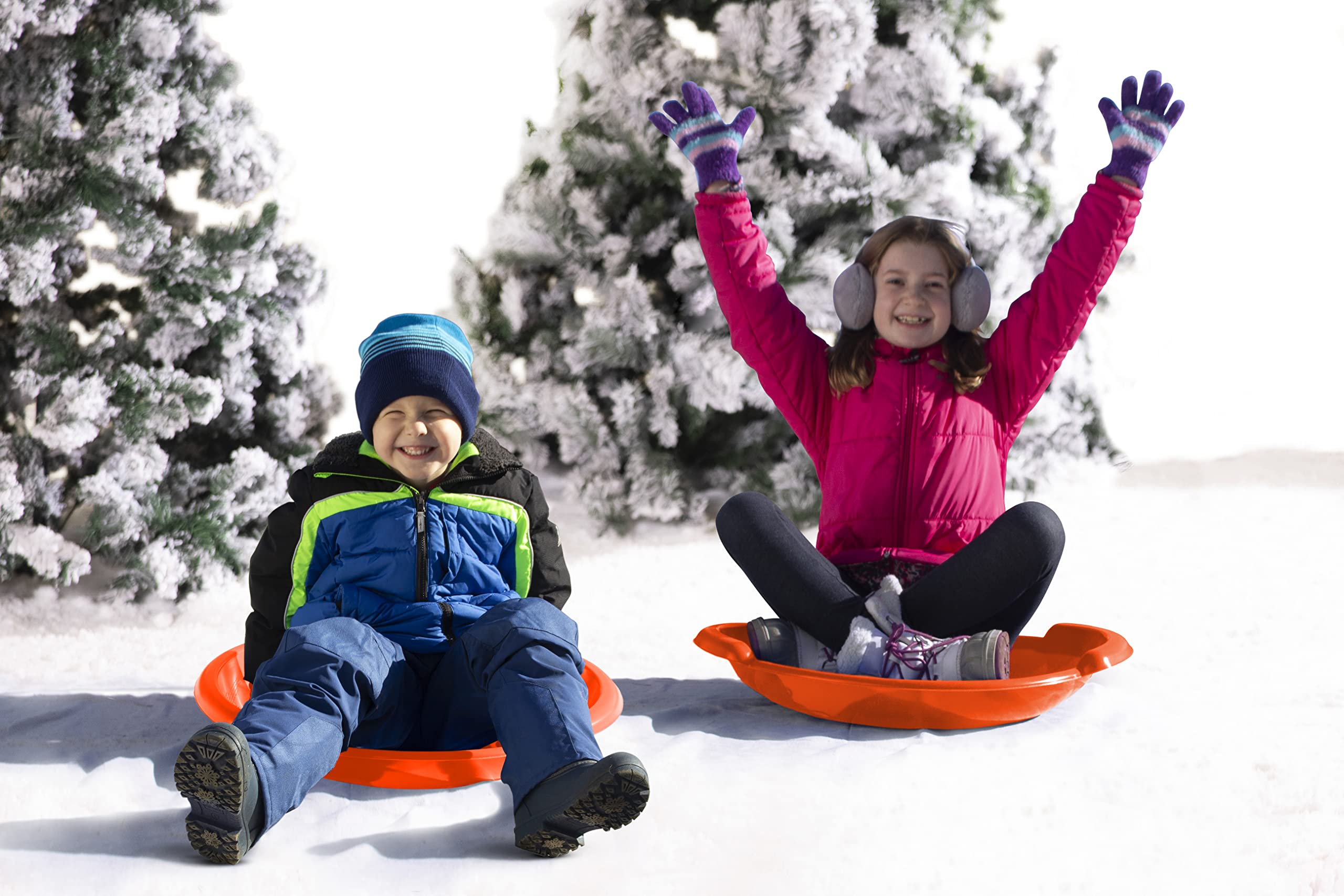 Machrus Round Saucer Sled for Kids and Adults | Frost Rush Winter Snow Sled | Heavy Duty Plastic Round Sled with Grip Handles - Blue
