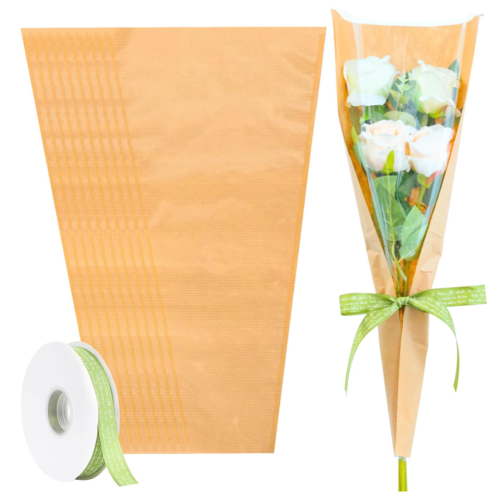 VOCAON 50PCS Flower Bouquet Wrapping Paper with Ribbon, Kraft Packing Sleeves for Bouquets Clear Floral Wrapping Bags Bulk for Graduation Anniversary Wedding Birthday Gift 17.9x9.8x3.9 Inches