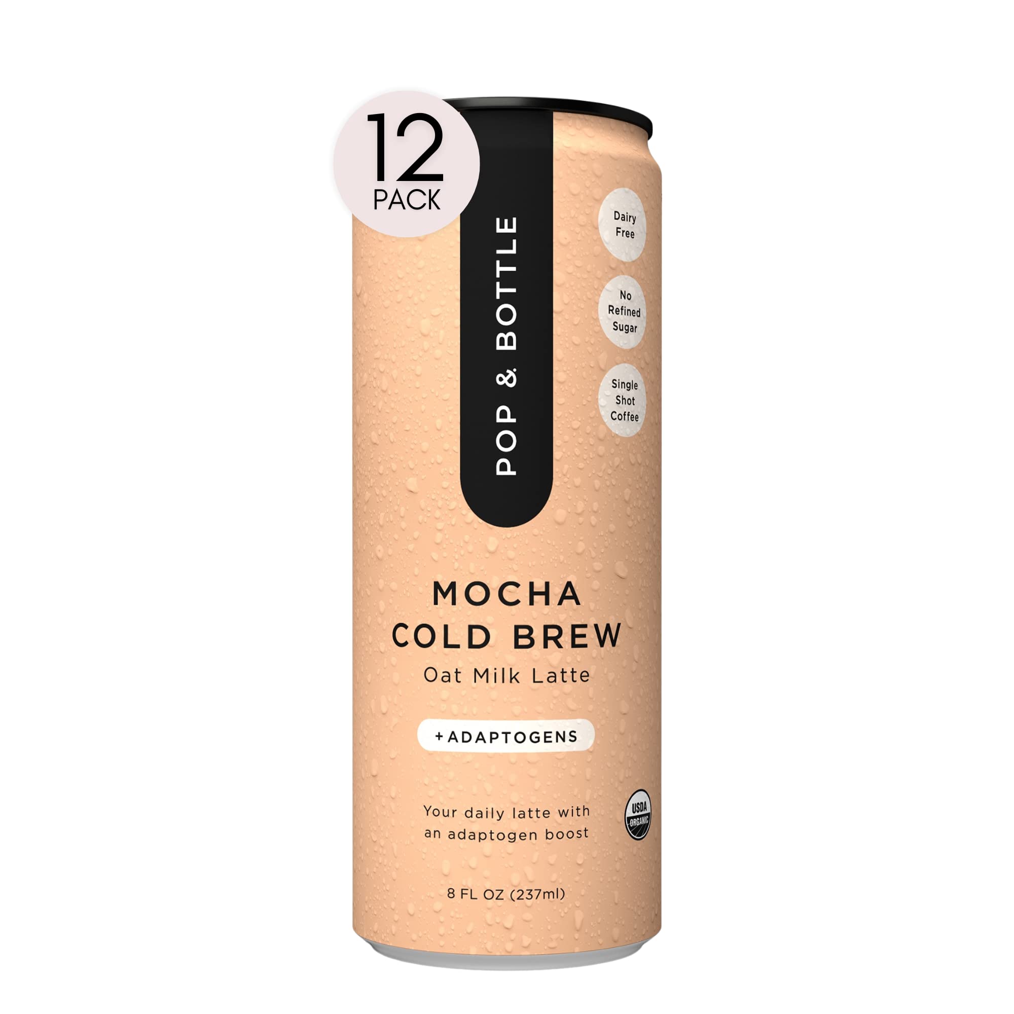 Pop & Bottle, Oat Milk Mocha Lattes - Cold Brew Coffee, Ashwagandha, MCT Oil, Oat Milk, Organic, Dairy Free, Gluten Free, Vegan, Great as Iced Coffee, Lightly Sweetened with Dates - 8 Fl Oz (12 Pack)