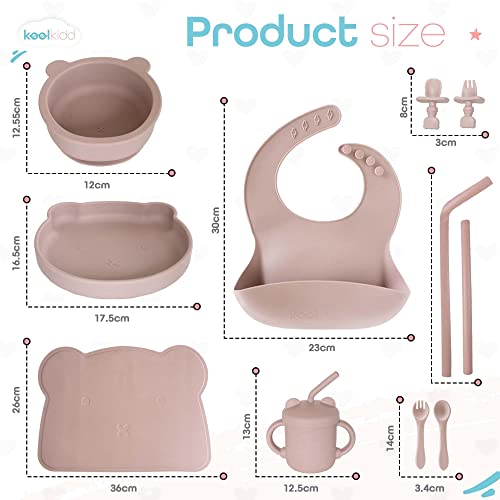 KOOLKIDD 11 in 1 Silicone Baby Feeding Set with Suction Bowl Plate Sippy Cup Spoons Forks Adjustable Bib Placemat for 6+ Months Dishwasher and Microwave Safe (Pink)