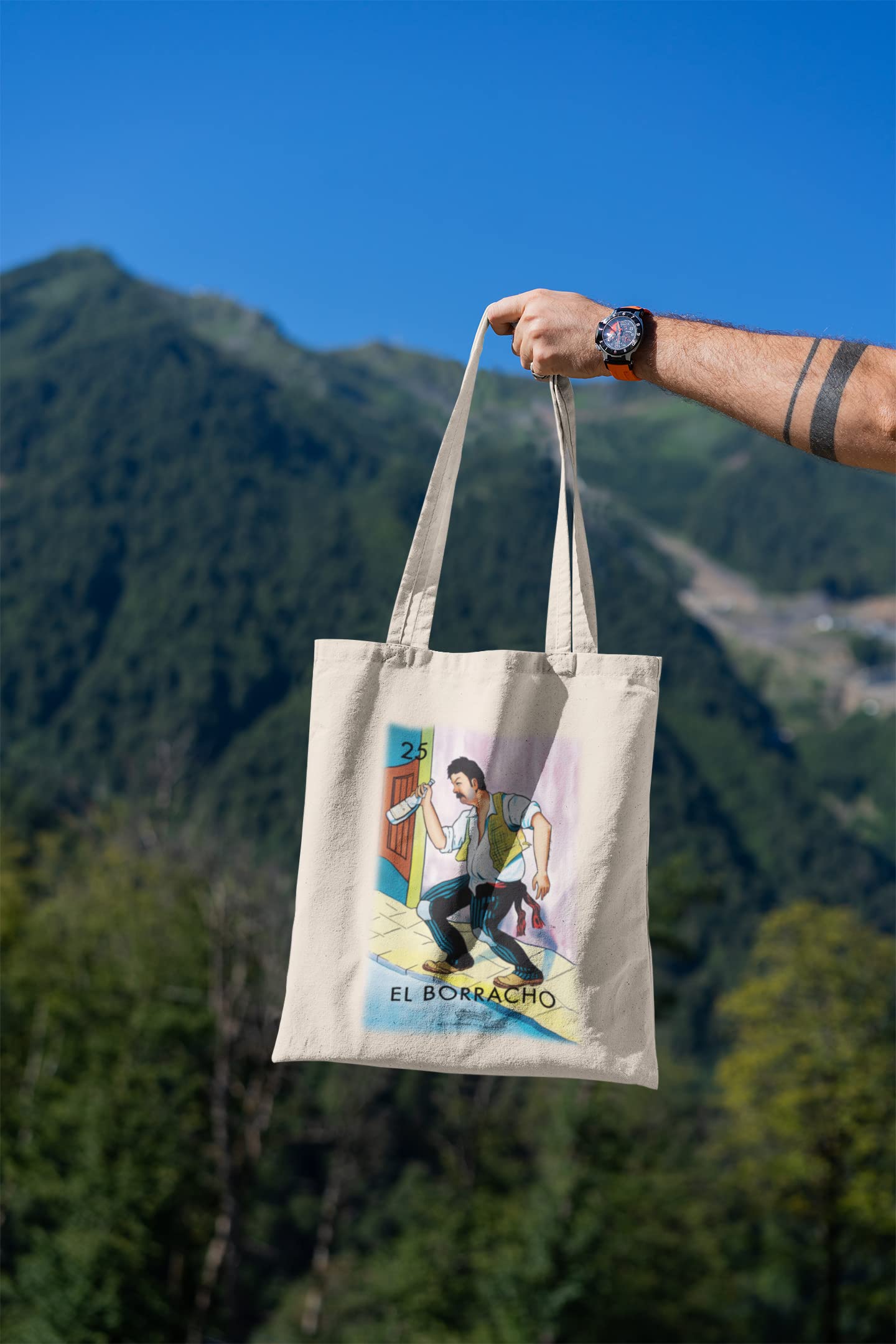 Pop Threads El Borracho Drunk Loteria Card Mexican Latina Graphic Tote Bag for Adults Black 15x15 inches
