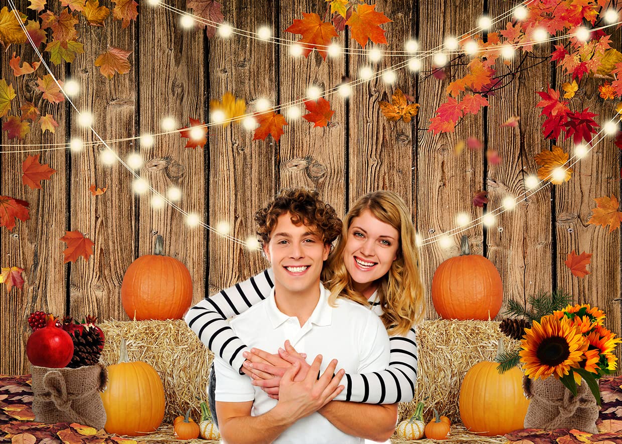 LYWYGG 7x5FT Fall Thanksgiving Photo Backdrop Autumn Retro Board Backdrops Wooden Fence Haystack Pumpkin Photo Background Thanksgiving Party Decorations Studio Photography Props CP-367 Yellow