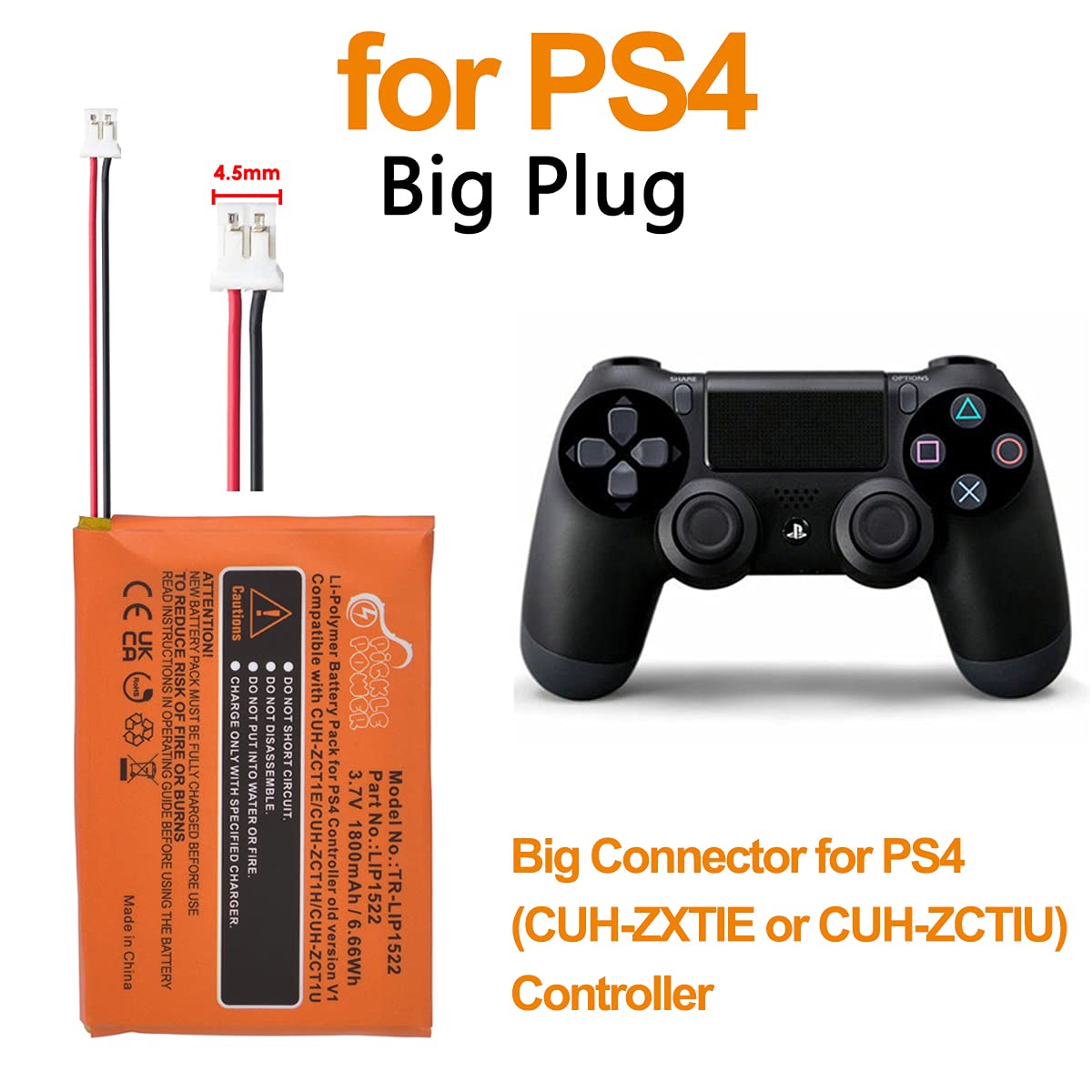 LIP1522 PS4 Controller Battery,Pickle Power 2 Pack 1800mAh Playstation 4 Controller Battery for Sony PS4 DualShock CUH-ZCT1 Series with Big Plug