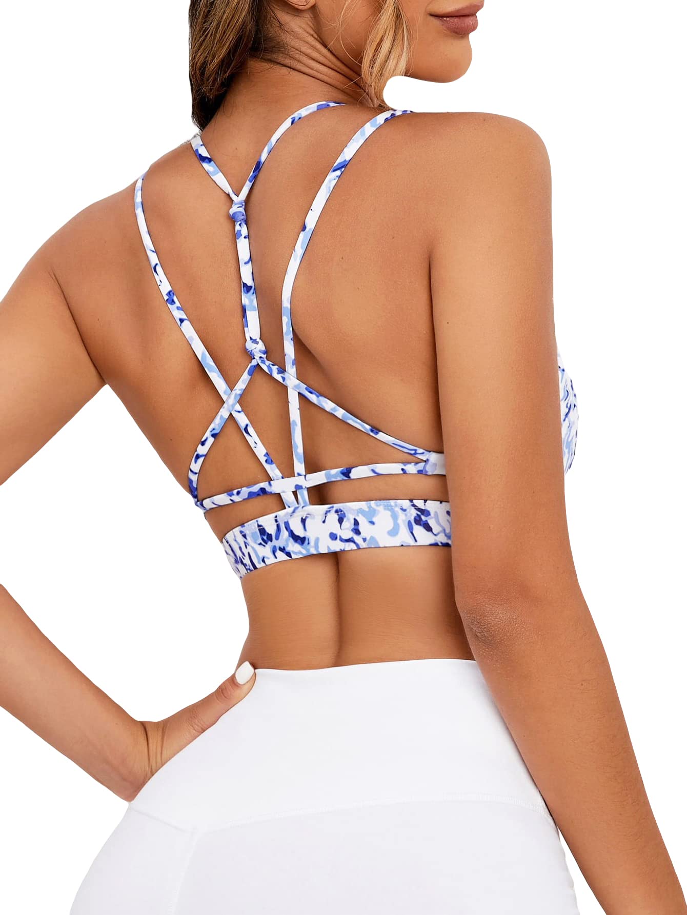 OYOANGLE Women's Printed Strappy Sports Bras Criss Cross Athletic Yoga Crop Cami Top Blue White L