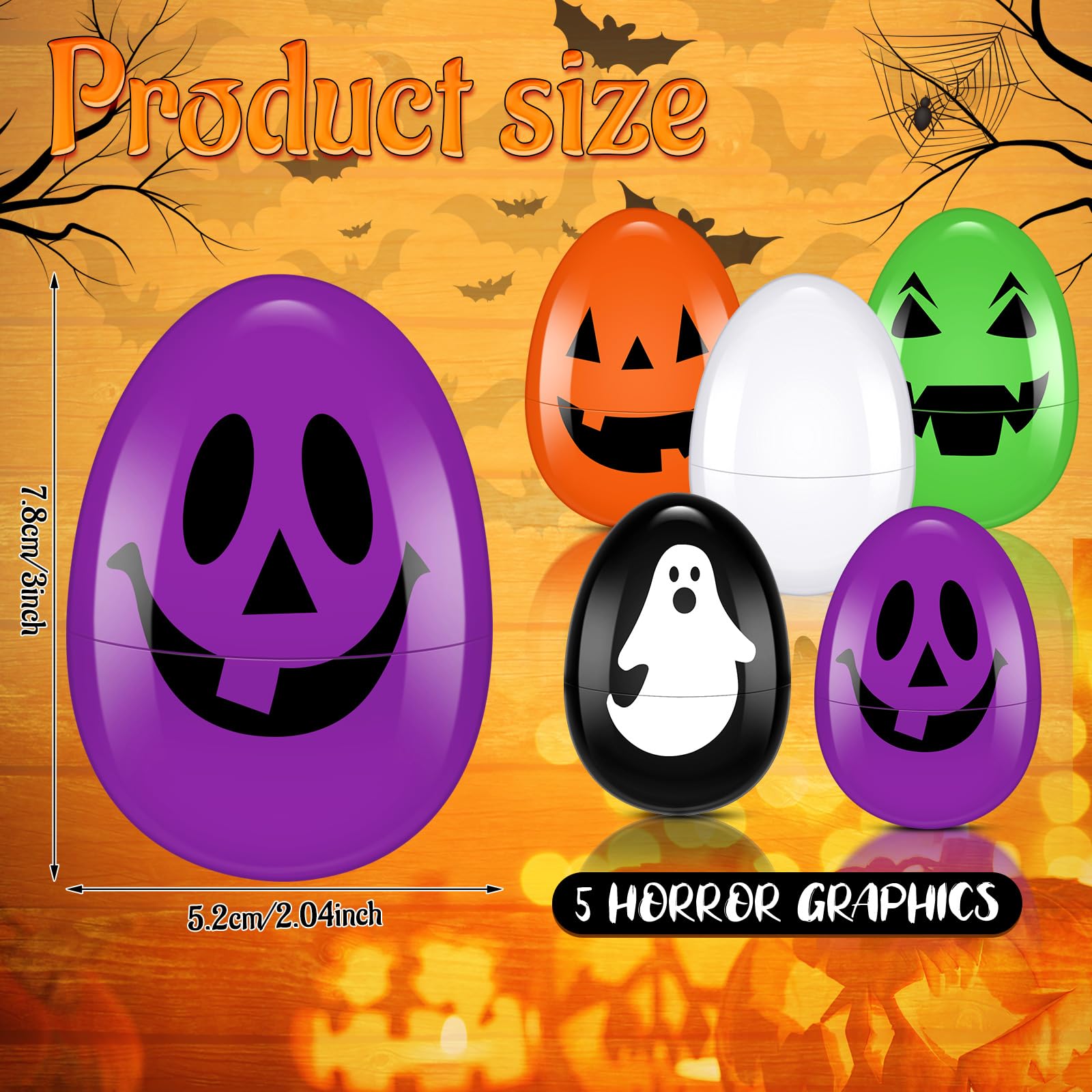 Libima 100 Pcs Halloween Skull Easter Eggs Bulk Halloween Easter Eggs Ghost Fillable Plastic Candy Containers Trick or Treat Plastic Pumpkin Eggs for Halloween Egg Hunt Party Supplies, 3 x 2 Inch