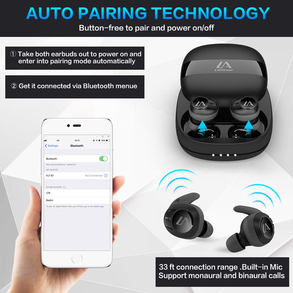 Lafitear Wireless Earbuds Bluetooth 5.0, Waterproof Sports Earphones w/Mic, Touch Control, Deep Bass Sound, One Step Pairing, in-Ear Headset for Sport/Travel/Gym
