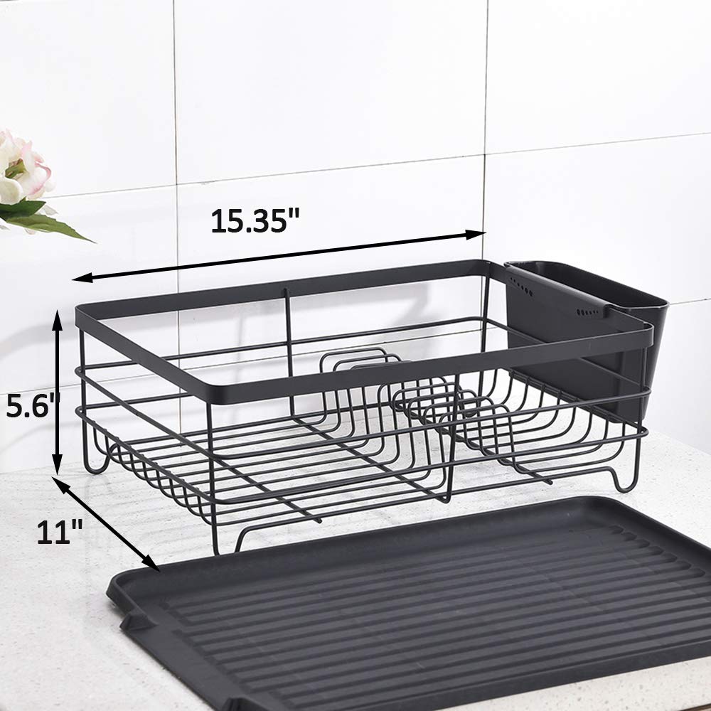 Popity home Dish Drying Rack, Large Kitchen Dish Drying Rack, Metal Dish Rack, Drying Rack with Black Drainboard, Spoons and Knives Storage Box