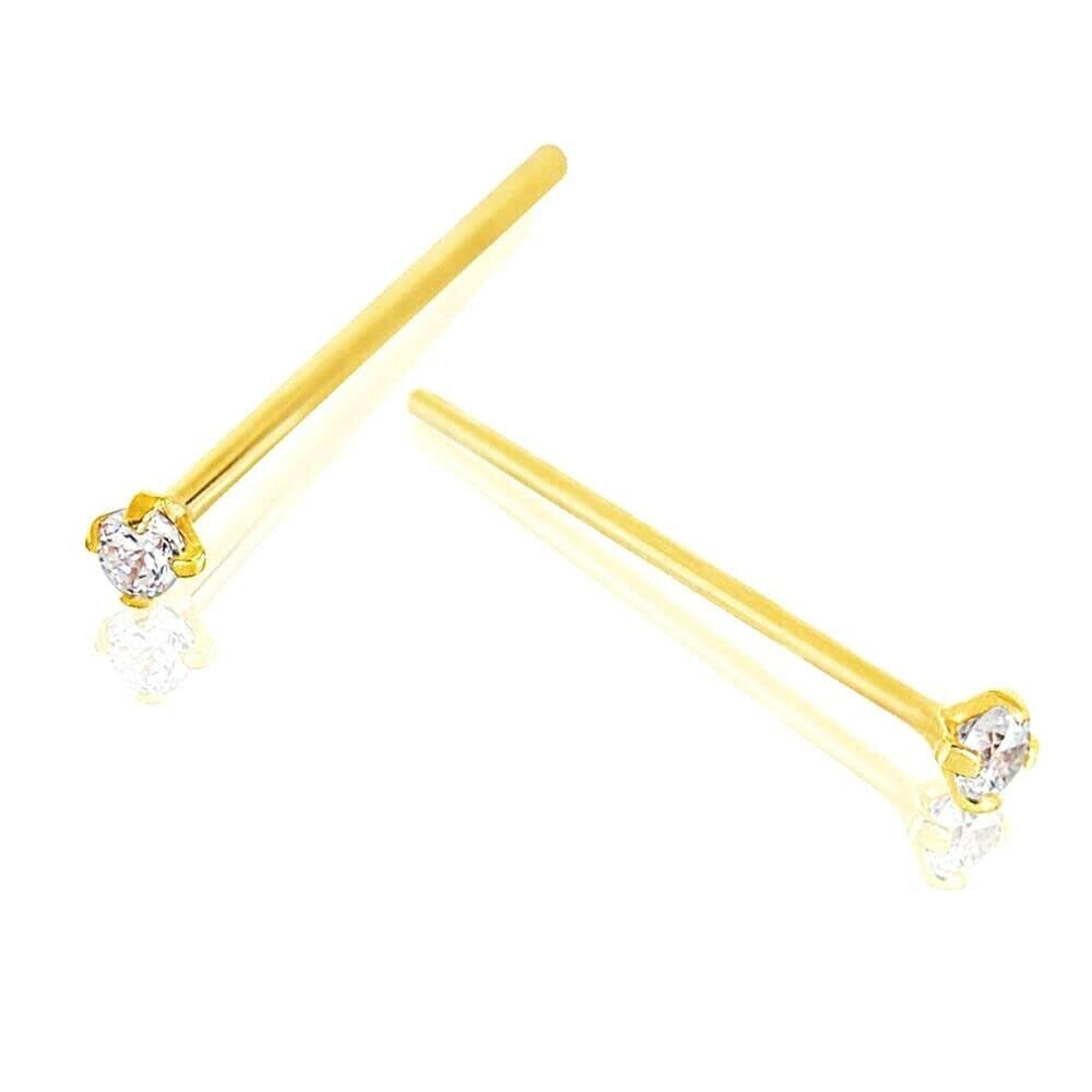 PAIR 20G LONG 3/4" GOLD PRONG SET CZ GEM STEEL NOSE RINGS PIN BENDABLE STUD Style 88888-1275