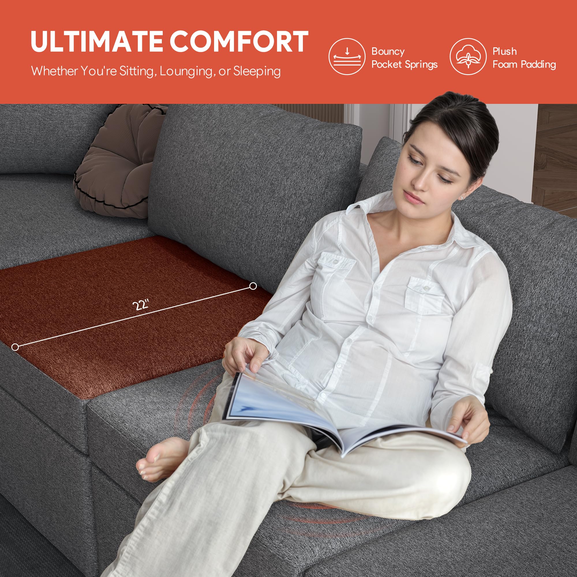 VOLUNCE Modular Sectional Sofa, Convertible U Shaped Couch with Storage Ottoman Throw Pillow, 4 Seat Sofa Set with Double Reversible Chaises, Sectional Sleeper Sofa Bed for Living Room, Beige