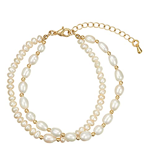 KVLmoze Layered Pearl Bracelets Vintage Stylish 3-5mm Handpicked Double Layer Pearl Strand Bracelet for Girls Women