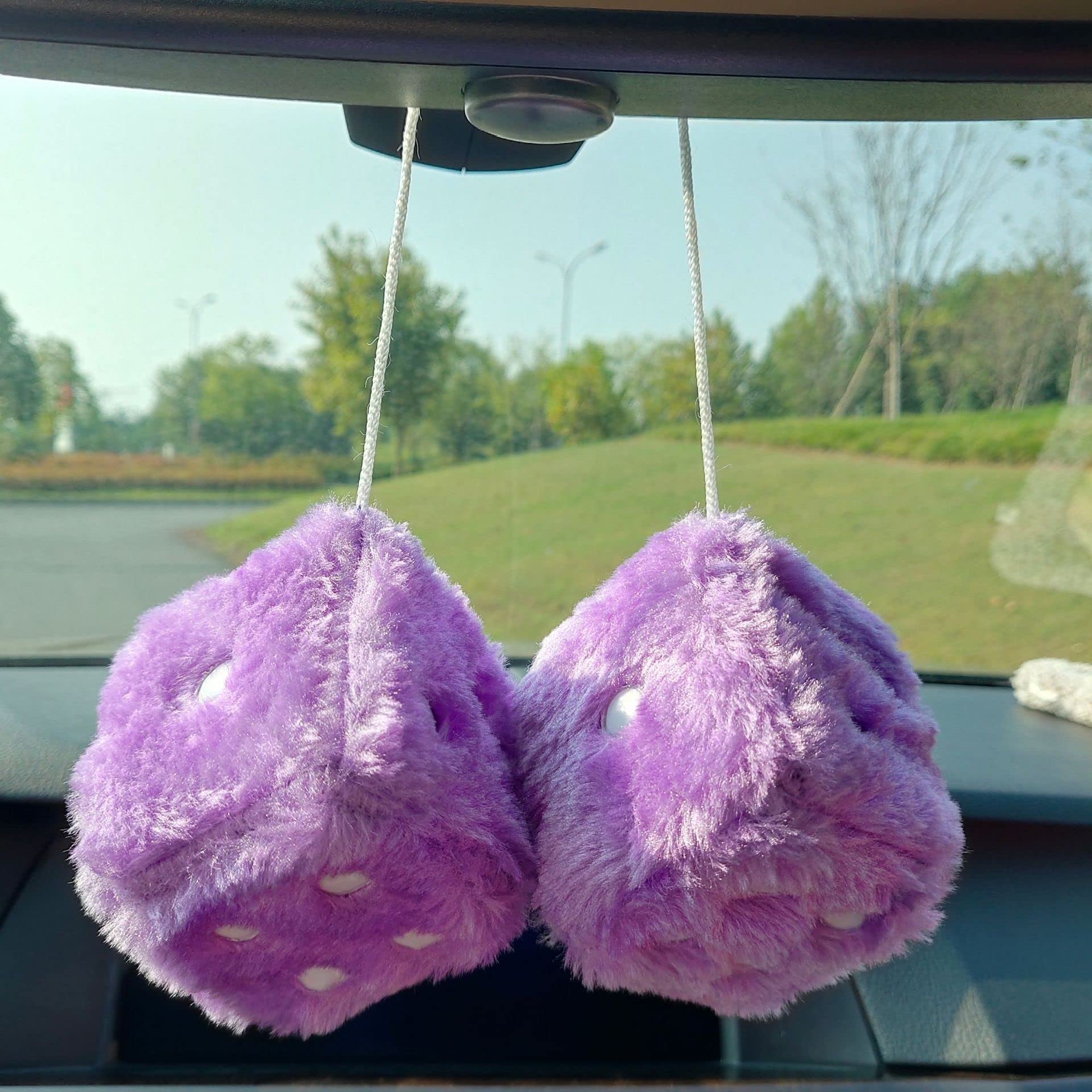 Pair 3β Purple with White Dots Mirror Fuzzy Plush Dice, Purple and White Soft Plush Car Decorative Hanging Ornament.