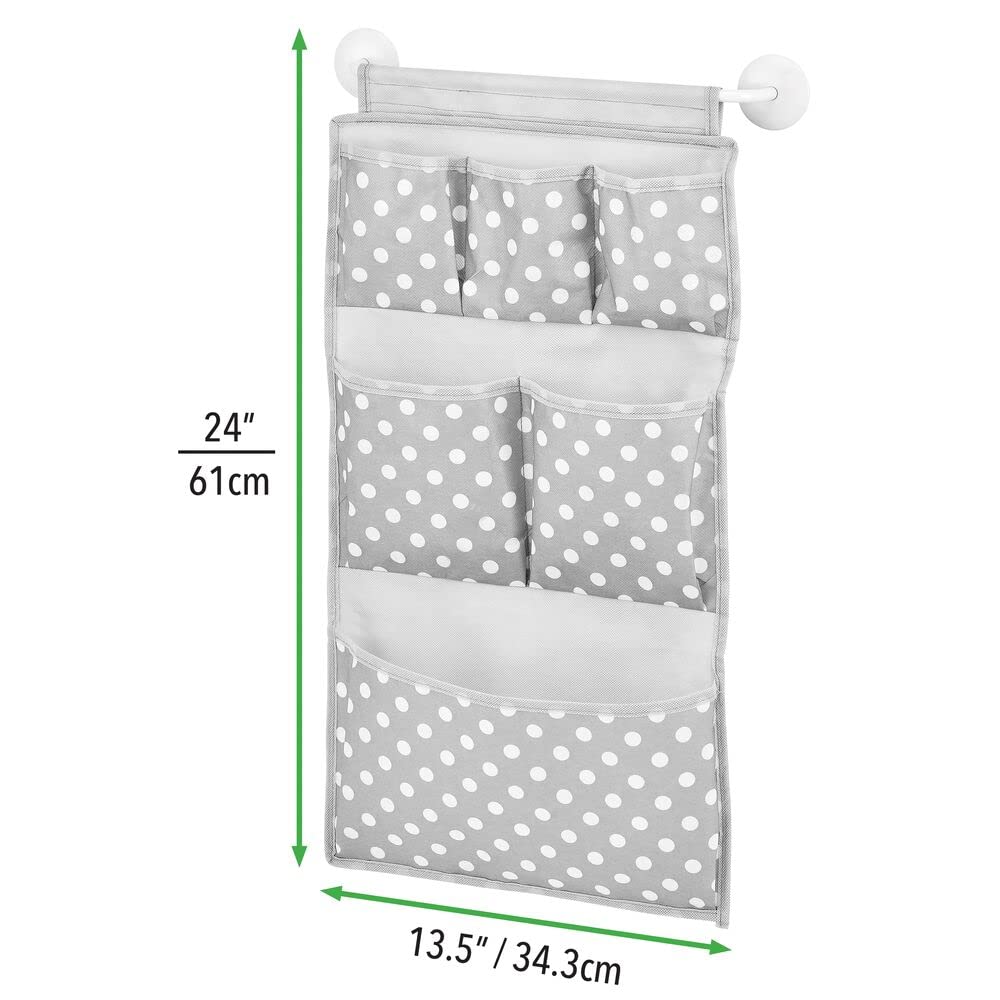 mDesign Soft Fabric Wall Mount/Over Door Hanging Storage Organizer - Self-Adhesive Tape - 6 Pockets for Child/Kids Room or Nursery - Polka Dot Print - Gray/White