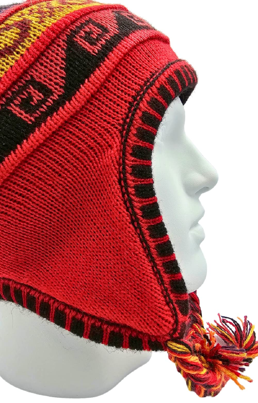 Peruvian Beanie Alpaca Hat, for Women and Men, Soft and Warm hat, Peruvian hat Made in Peru, Soft, Light and Resistant Alpaca (red line Yellow)