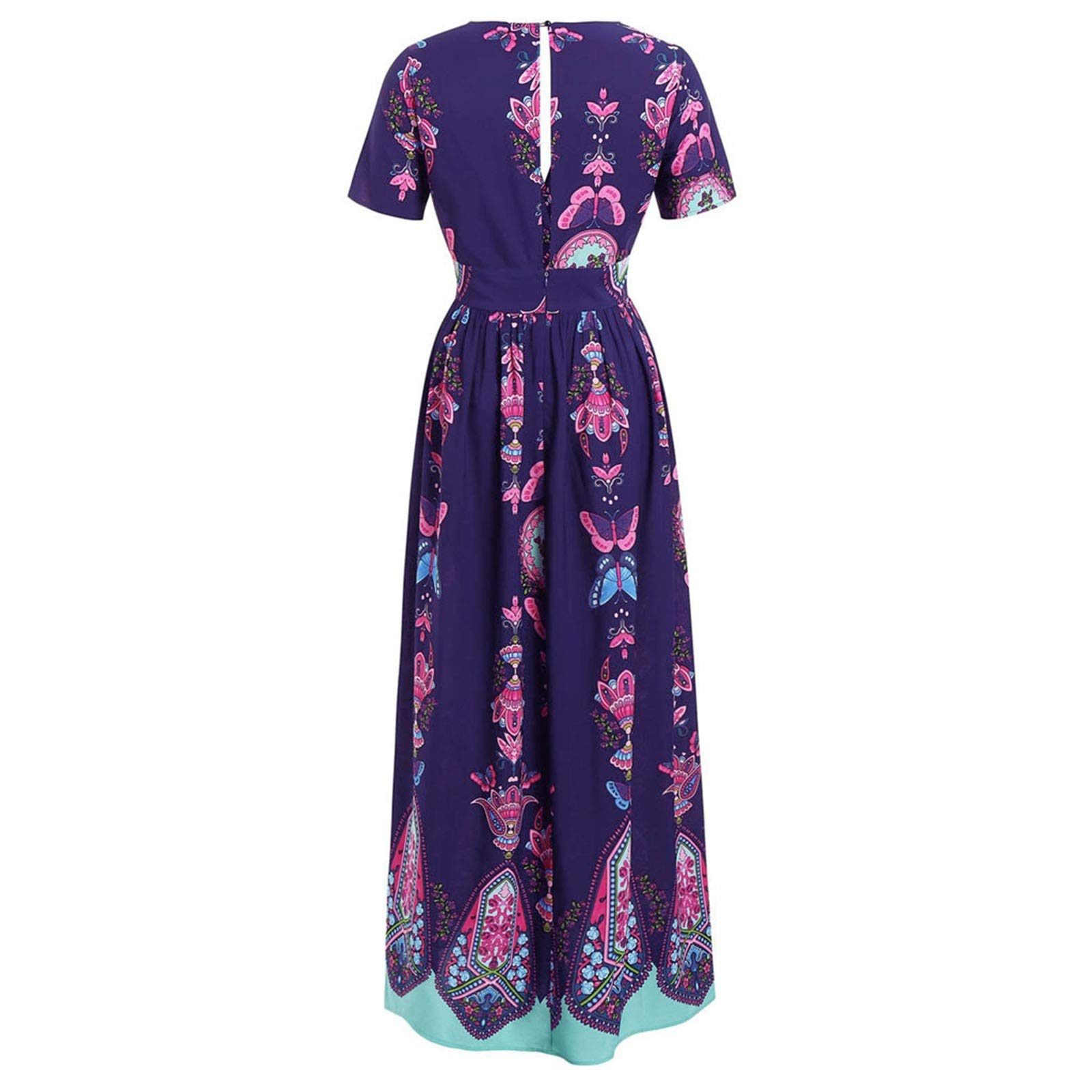 Plus Size Flowy Long Dress for Women Plunging V Neck Short Sleeve Swing Dress Butterfly Printed Split Dress