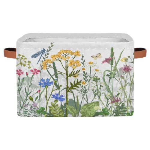 Storage Basket Bin, Flower Herb Butterfly Dragonfly Large Collapsible Storage Cube Box with Handle Durable Waterproof Closet Shelf Organizer for Toy Nursery Bedroom Laundry Basket, 1 Pcs