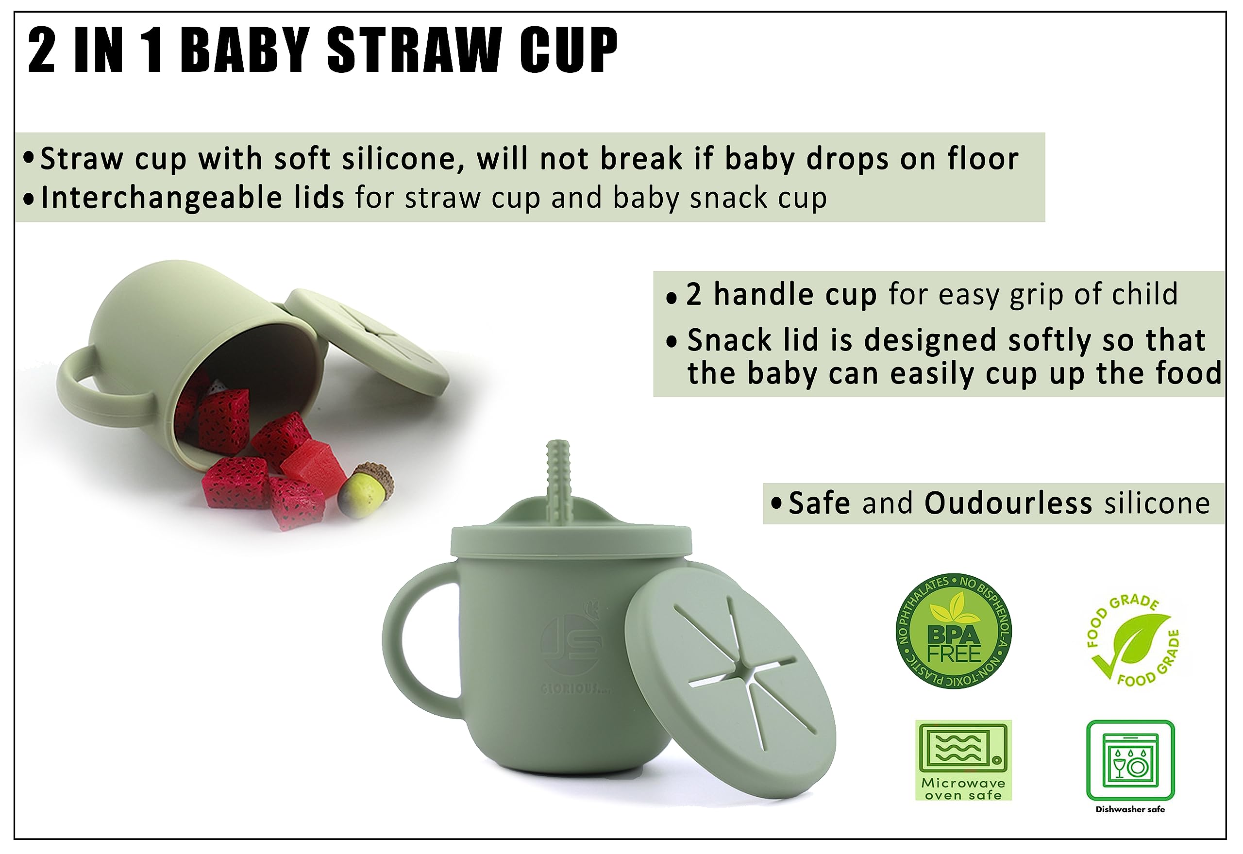 Silicone Feeding Utensils Set 8Pcs For Baby- Led Weaning Essentials-Divided Suction Plate-Lid-Bowl-Fork-Spoon-Adjustable Bib-2in1 Drinking + Snack Cup, Gift for Infant and Toddler (Oliver Green)