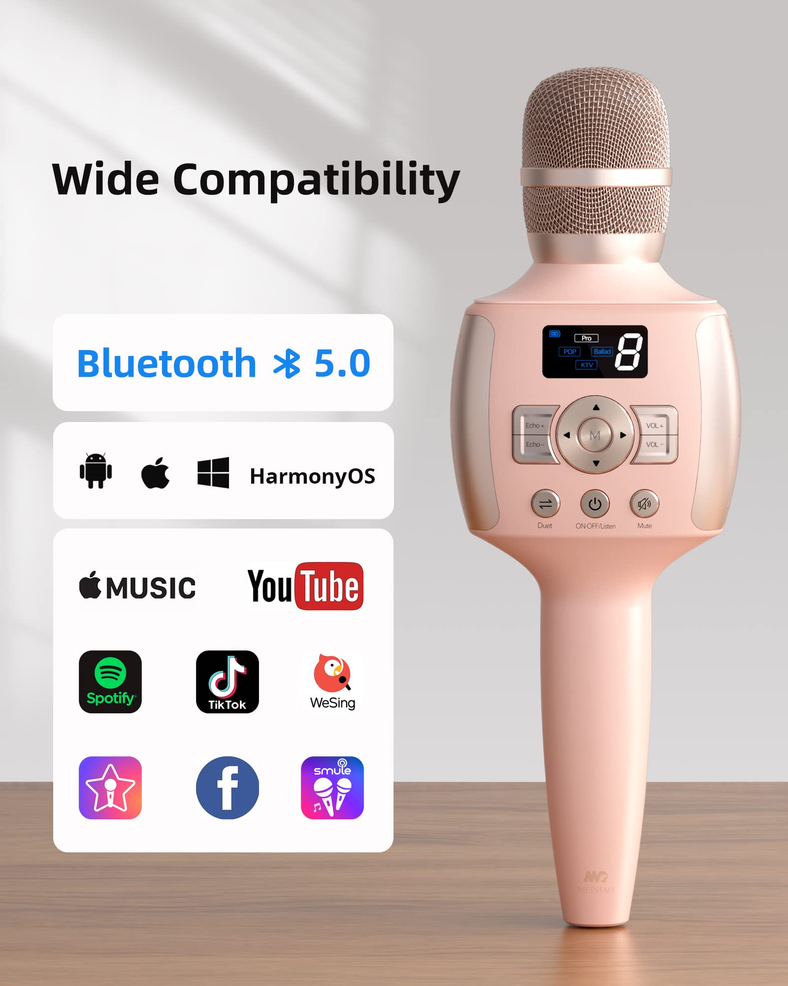 MEINIAO Karaoke Microphone with Digital Screen, Handheld Portable Bluetooth Microphone for Party, Karaoke, Music, & Recording All iOS Android Pc A2(Pink)