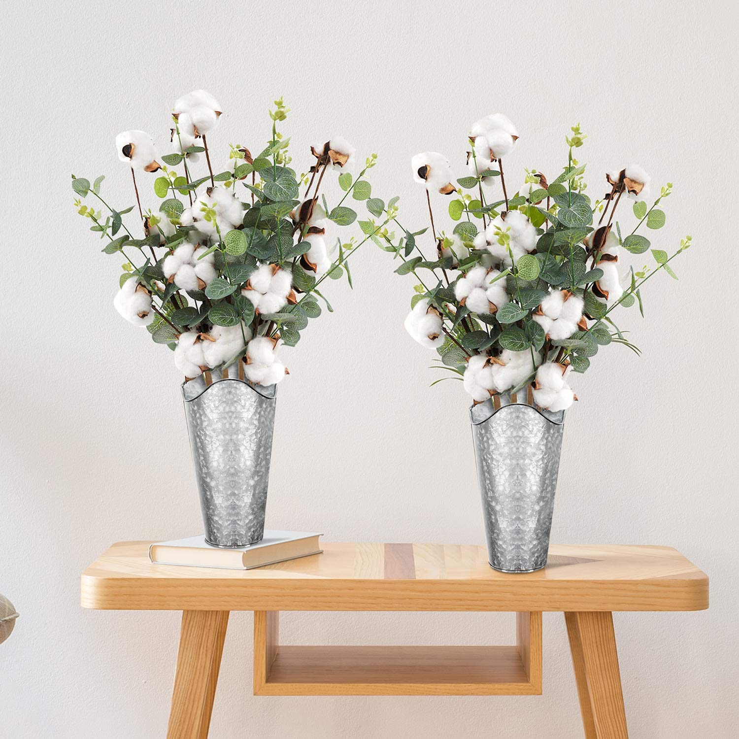 LIBWYS Galvanized Wall Planter 2 Sets and 8 Cottons Stems with Eucalyptus Metal Hanging Vase for Farmhouse Rustic Style Country Home Wall Decor