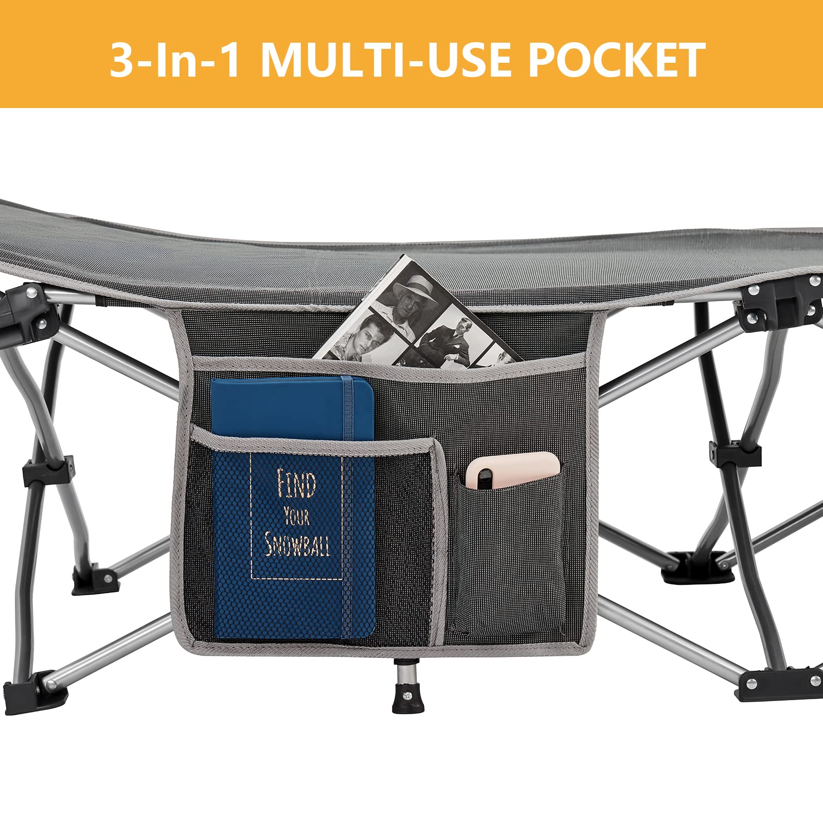 KingCamp Folding Camping Cot Lightweight Sleeping Cot Portable with Carry Bag Double Layer 1000D Sturdy Cot Heavy Duty Camping Bed for Adults Outdoor Travel, Hiking, Office Support 265lbs Gray