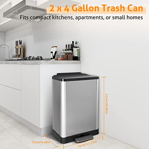 WICHEMI 30L Dual Trash Can, 2 x 4 Gal (2 x 15L) Stainless Steel Kitchen Garbage Can, Step-on Classified Recycle Garbage Bin with Soft-Close Lid & Removable Inner Buckets, Fingerprint-Proof, Airtight