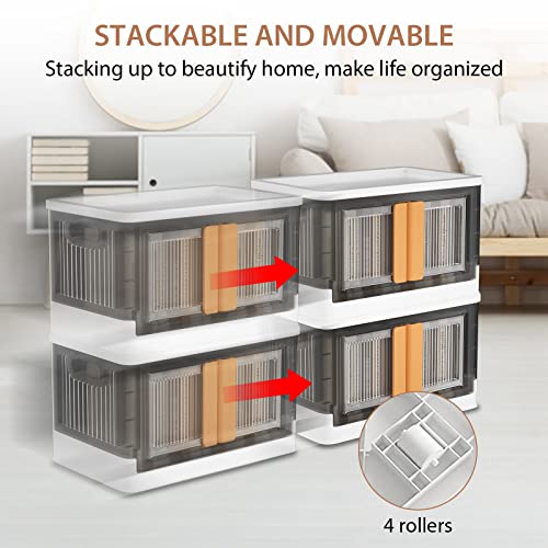 TeqHome Upgraded Storage Bins with Lids, Plastic Collapsible Storage Bins W/Dual Door & Wheels, 8.4Gal Folding Stackable Wardrobe Closet Organizer, Multifunctional Storage Box for Home Office, 2Pack