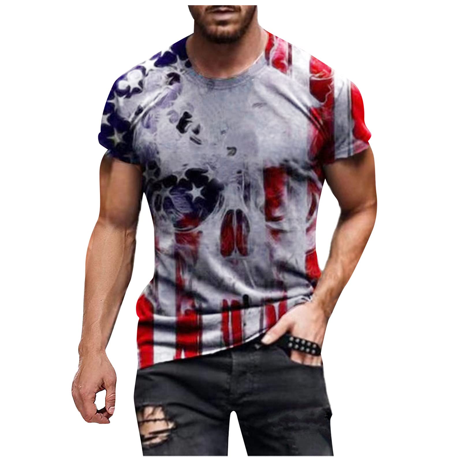 Mens Shirts Casual Summer Slim Fit Summer 3D Digital Printing Independence Day Funny Compression Graphic T-shirt Short Sleeve Blouse Red