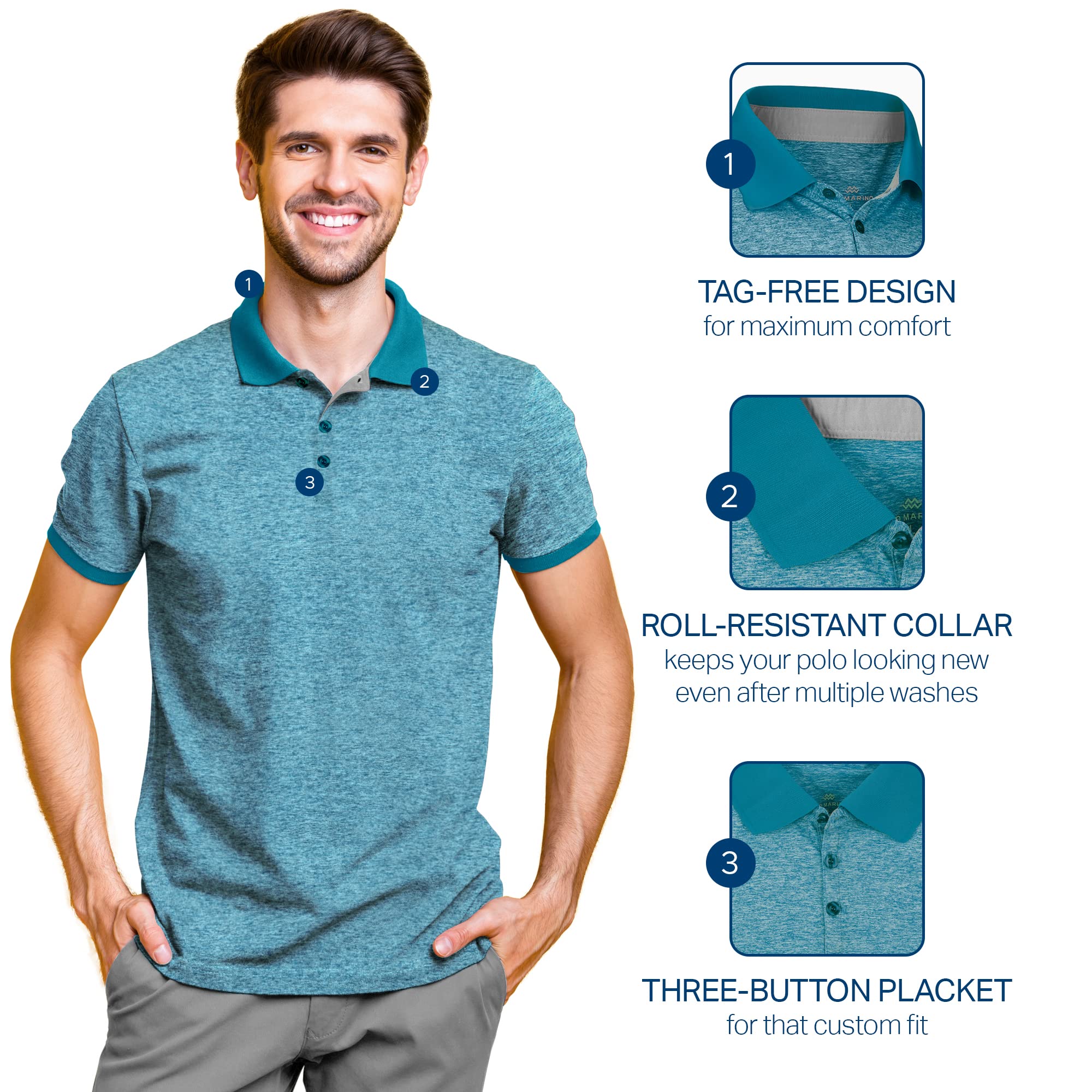 Mio Marino Golf Polo Shirts for Men - Dry Fit - Ultra-Thin Breathable Fabric - Black Melange - XX-Large