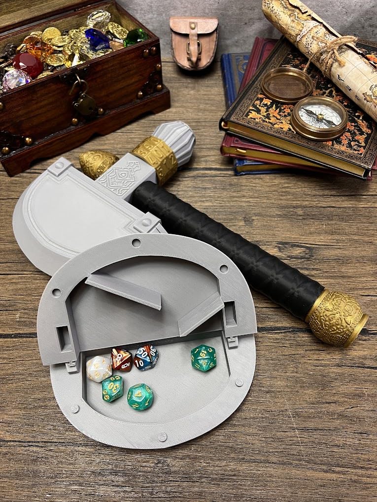MunnyGrubbers - Axe Dice Holder & Dice Tray with Health Tracker - (Random 7PCS D20 Dice Set Included) - Tabletop Roleplaying Game - Dice Storage - Dice Roller - DND - Dungeons and Dragons - (Silver)