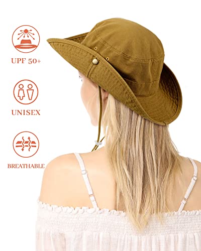 Wide Brim Bucket Sun Hat Packable Cotton Washed UPF 50 Beach Hat for Women Men with Strings Cowboy Outdoor Safari Boonie Cap Brown