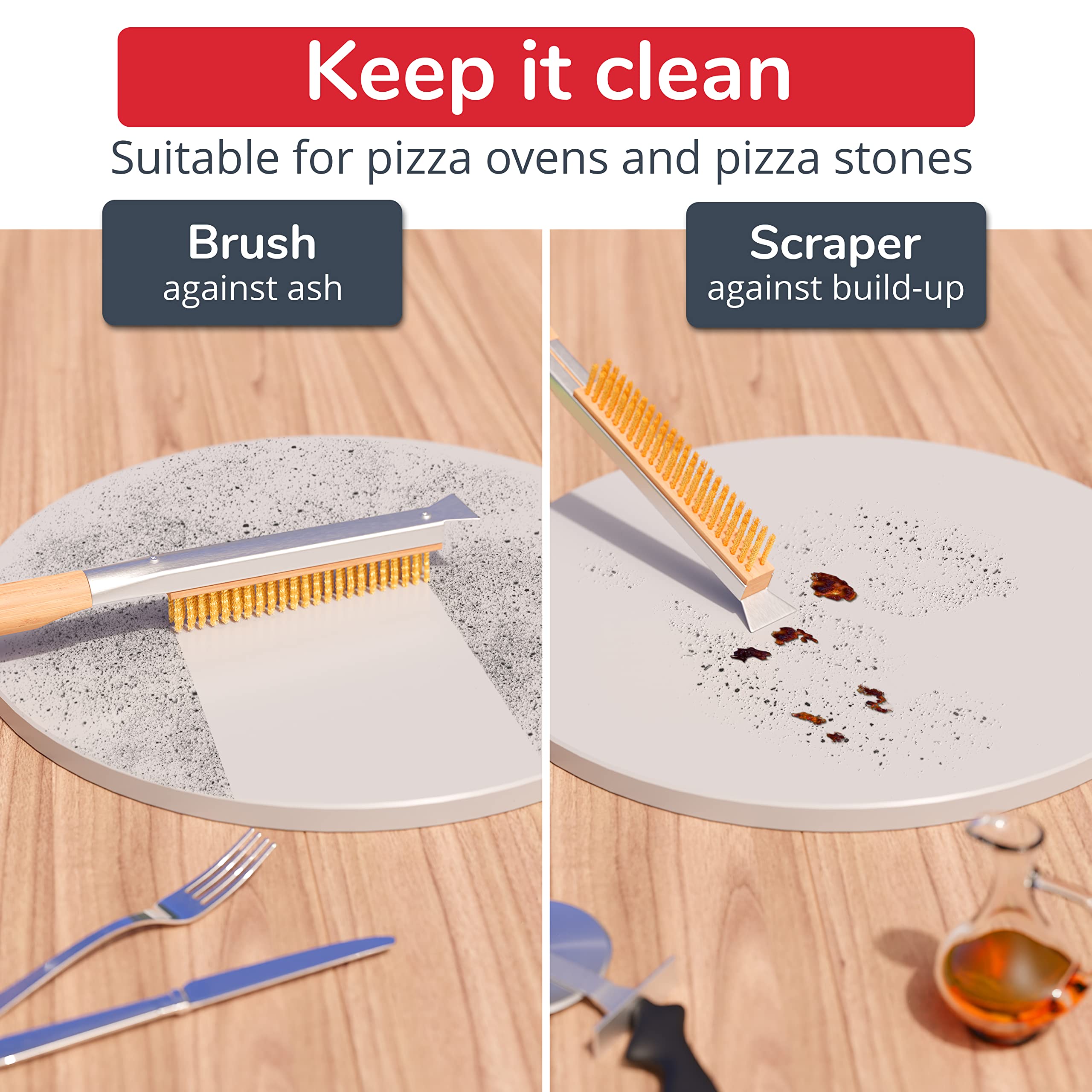 Senwosa 26β Pizza Oven Brush with Stone Scraper - Heat Resistant Stainless Steel Bristles, Extra Long Handle - Compatible with Ooni Ovens - Includes Spare Head