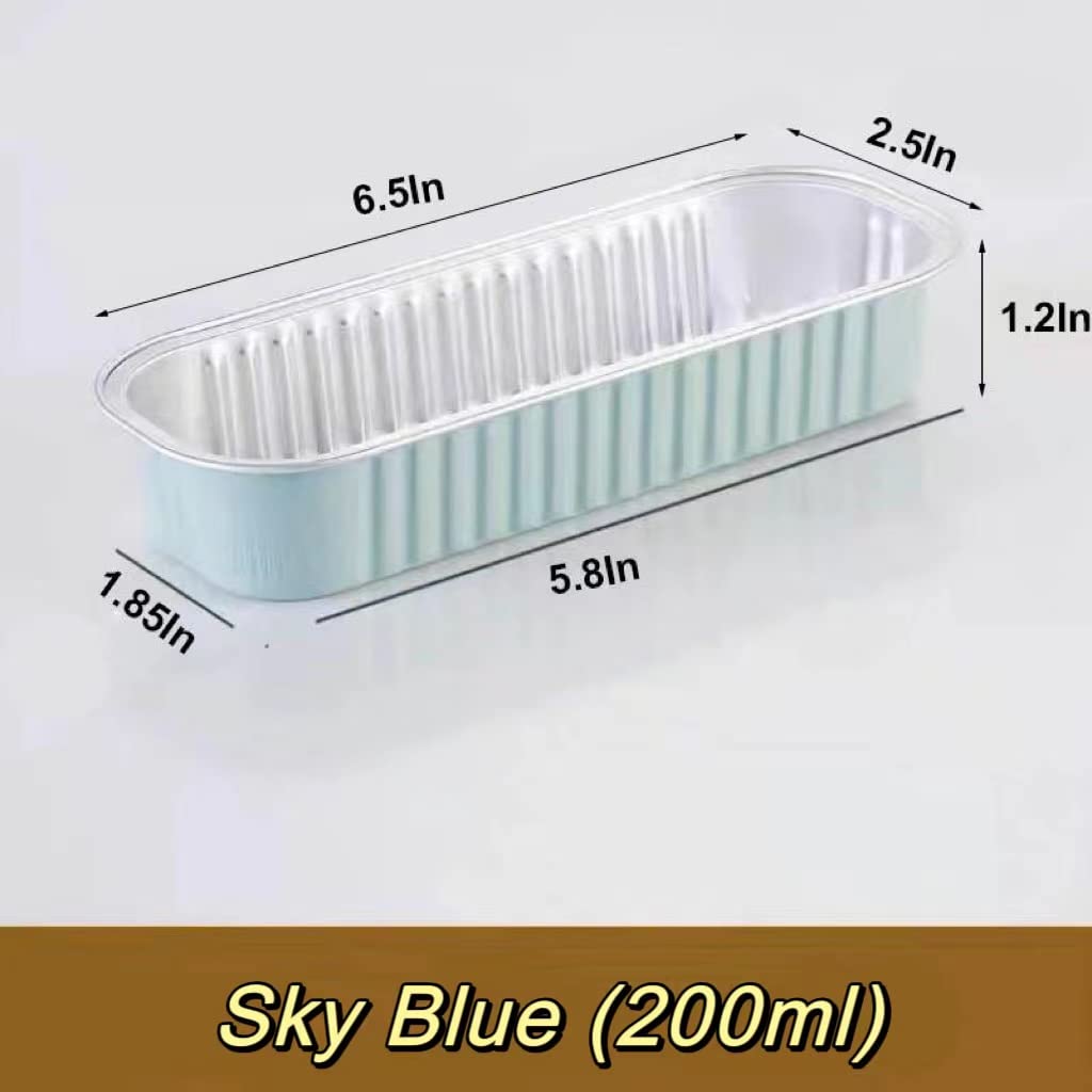Mini Cake Tray Loaf Pans with Clear Lid 100 Packs, 6.8 oz Rectangle Baking Cup Disposable Muffin Tins Aluminum Foil Liner Brownie Mini Cake Bread Containers-Sky Blue/Spoons/Sealing Stickers