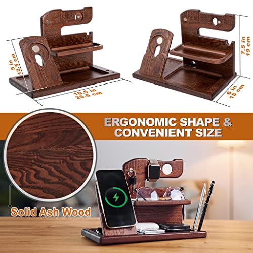 TESLYAR Wood Phone Docking Station Charger Xmas Gifts for Men or Dad for Husband Birthday Wife Nightstand Organizer Key Holder Wallet Solid Ash