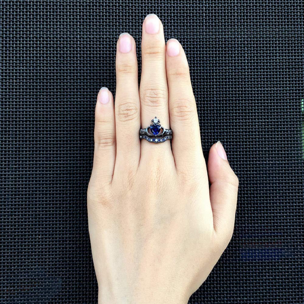 LZJ Blue Zirconia Heart Cut Bridal Princess Crown CZ Black Gold Plated Eternity Band Rings (7)