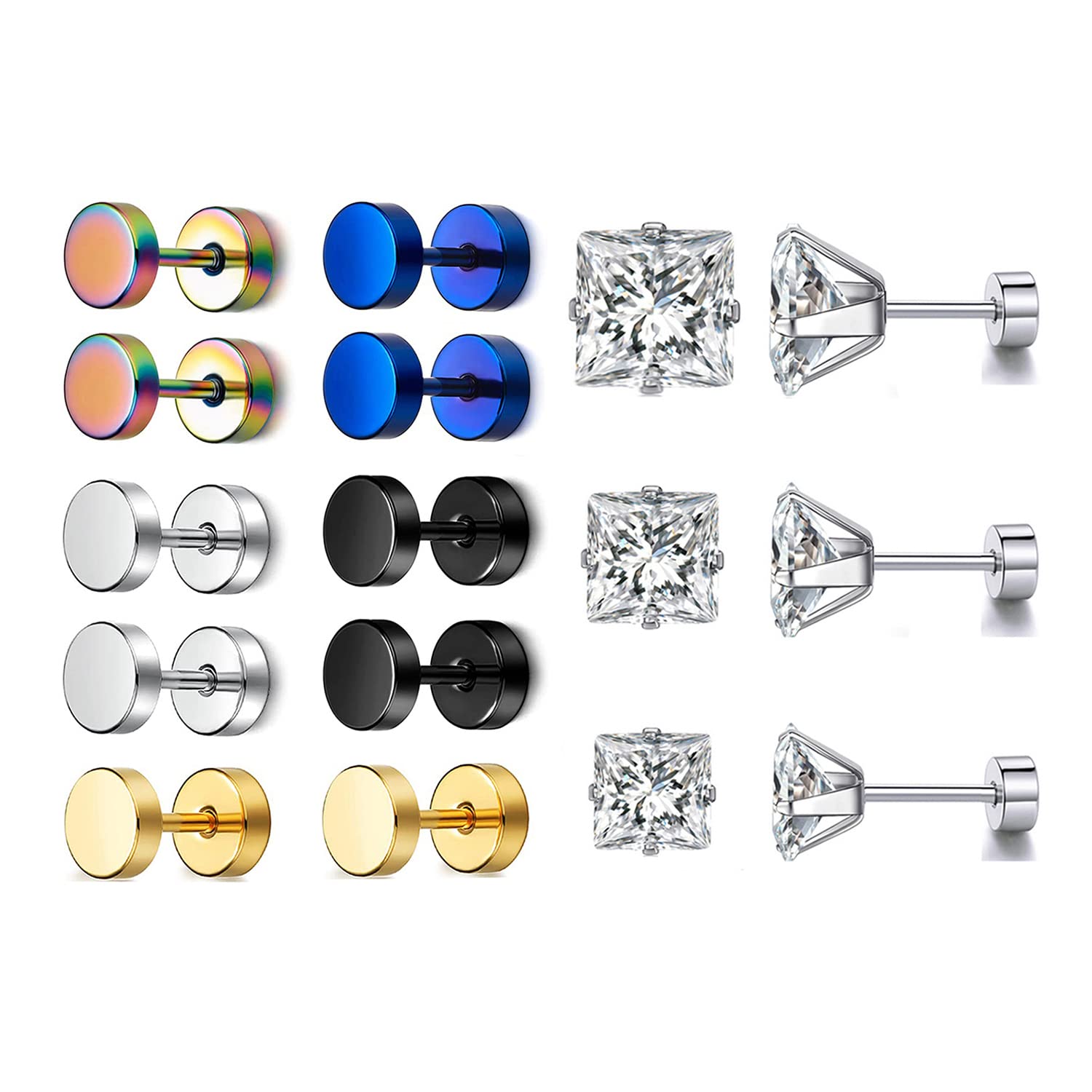 Pack of Titanium Surgical Stainless Steel Screw Flat/Ball Back Earrings, Stainless Steel, Cubic Zirconia